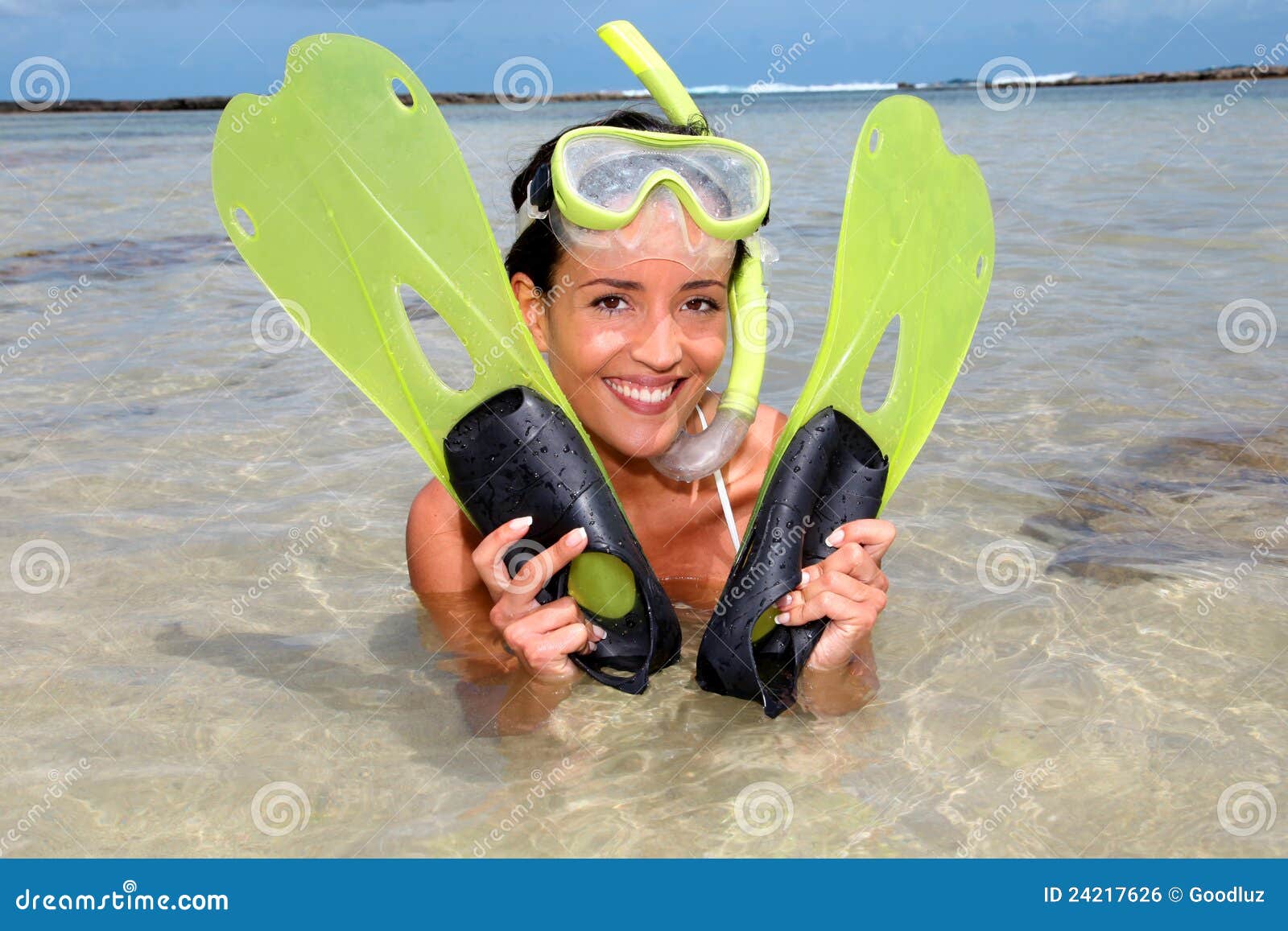 Cheerful Girl with Flippers Stock Photo - Image of leisure, portrait ...