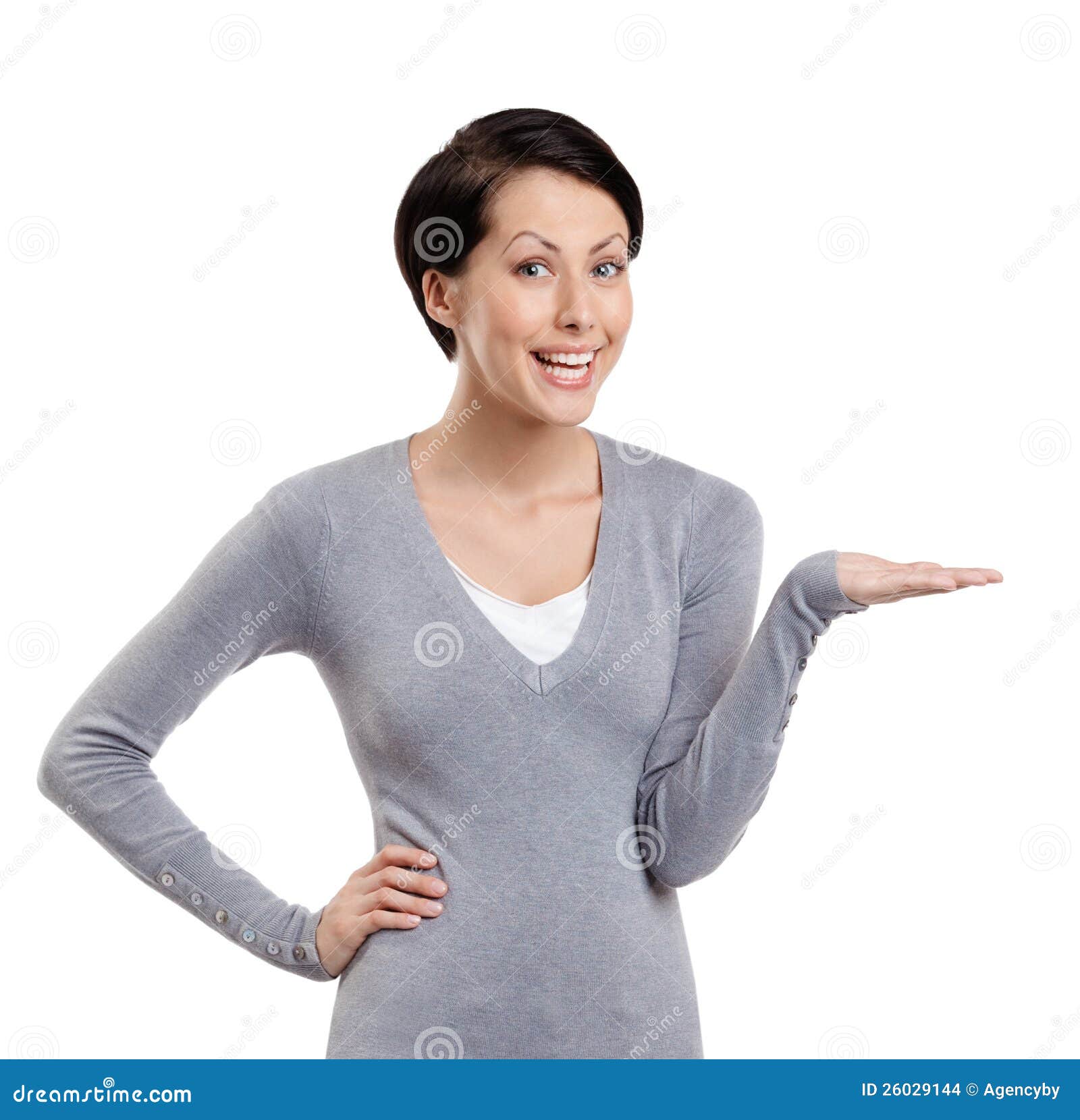 Cheerful Girl Gestures Pointing Hand Stock Photo - Image of joyful ...