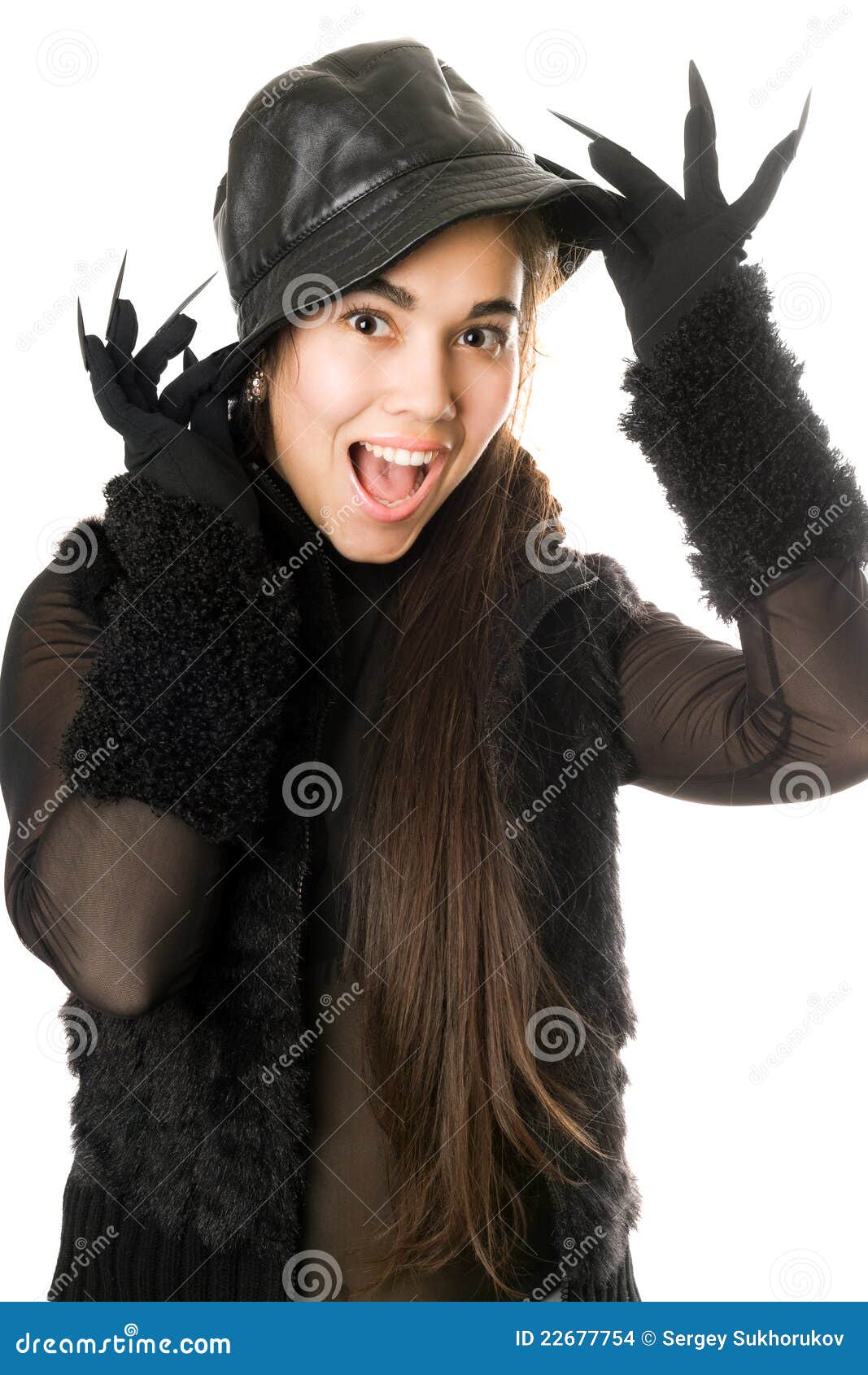 Cheerful Girl in Gloves with Claws. Isolated Stock Photo - Image of ...
