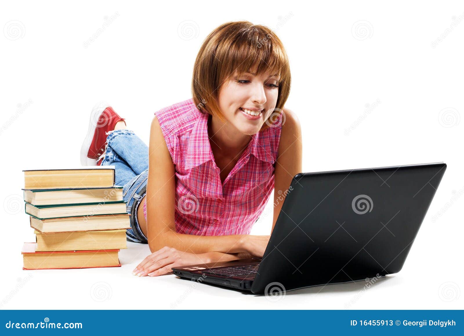 Cheerful girl with laptop stock image. Image of people - 16455913