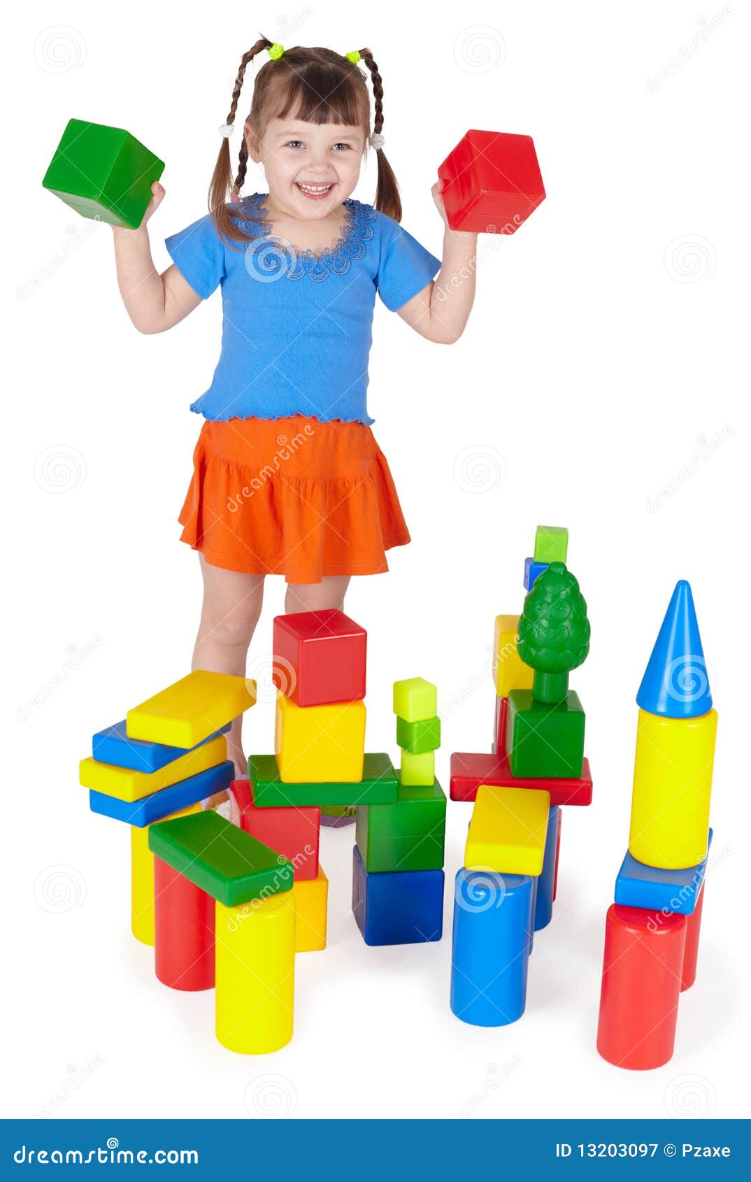 Cheerful Girl Playing with Colored Blocks Stock Image - Image of learn ...