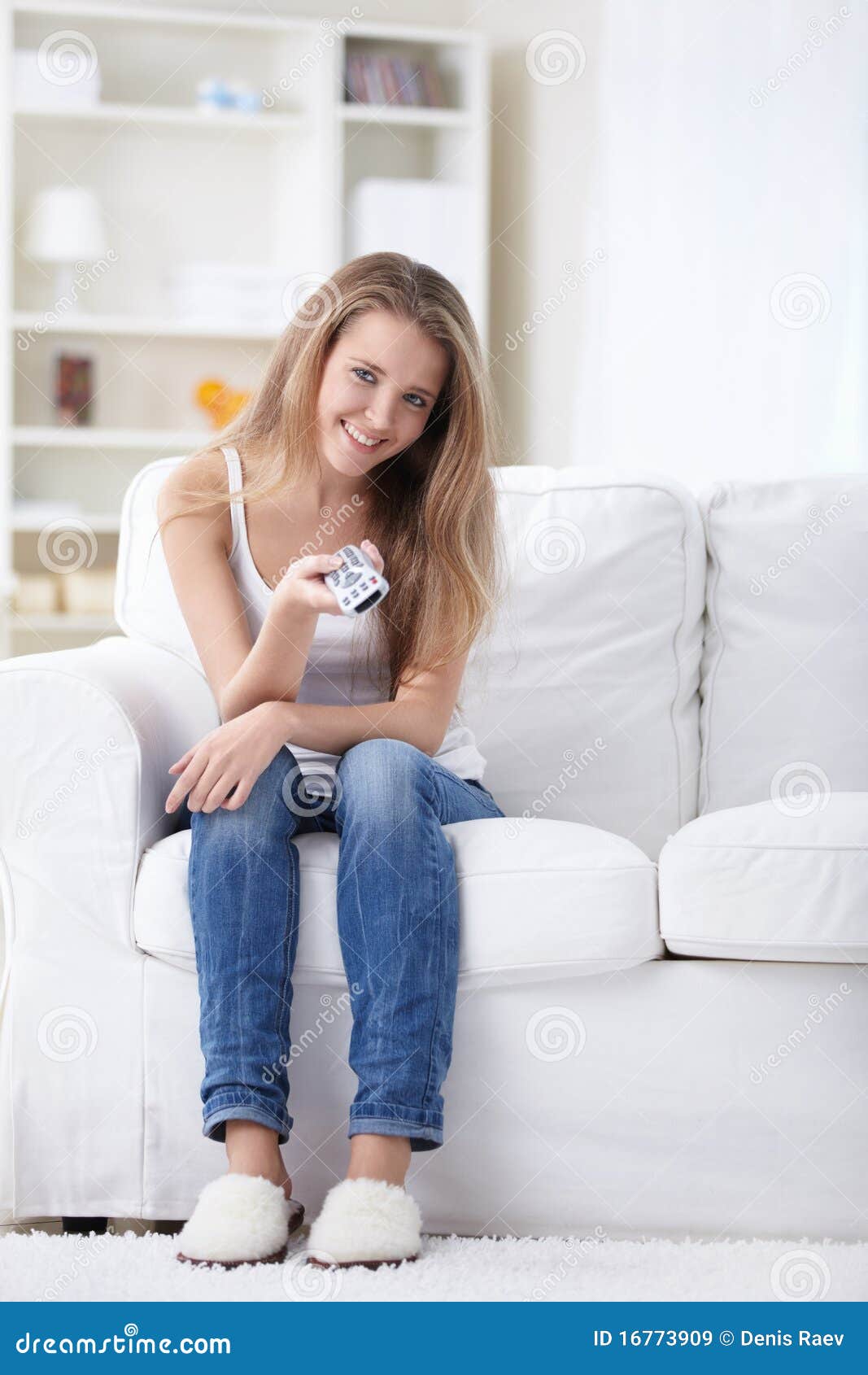 Cheerful Girl with a Remote Control for TV Stock Image - Image of ...
