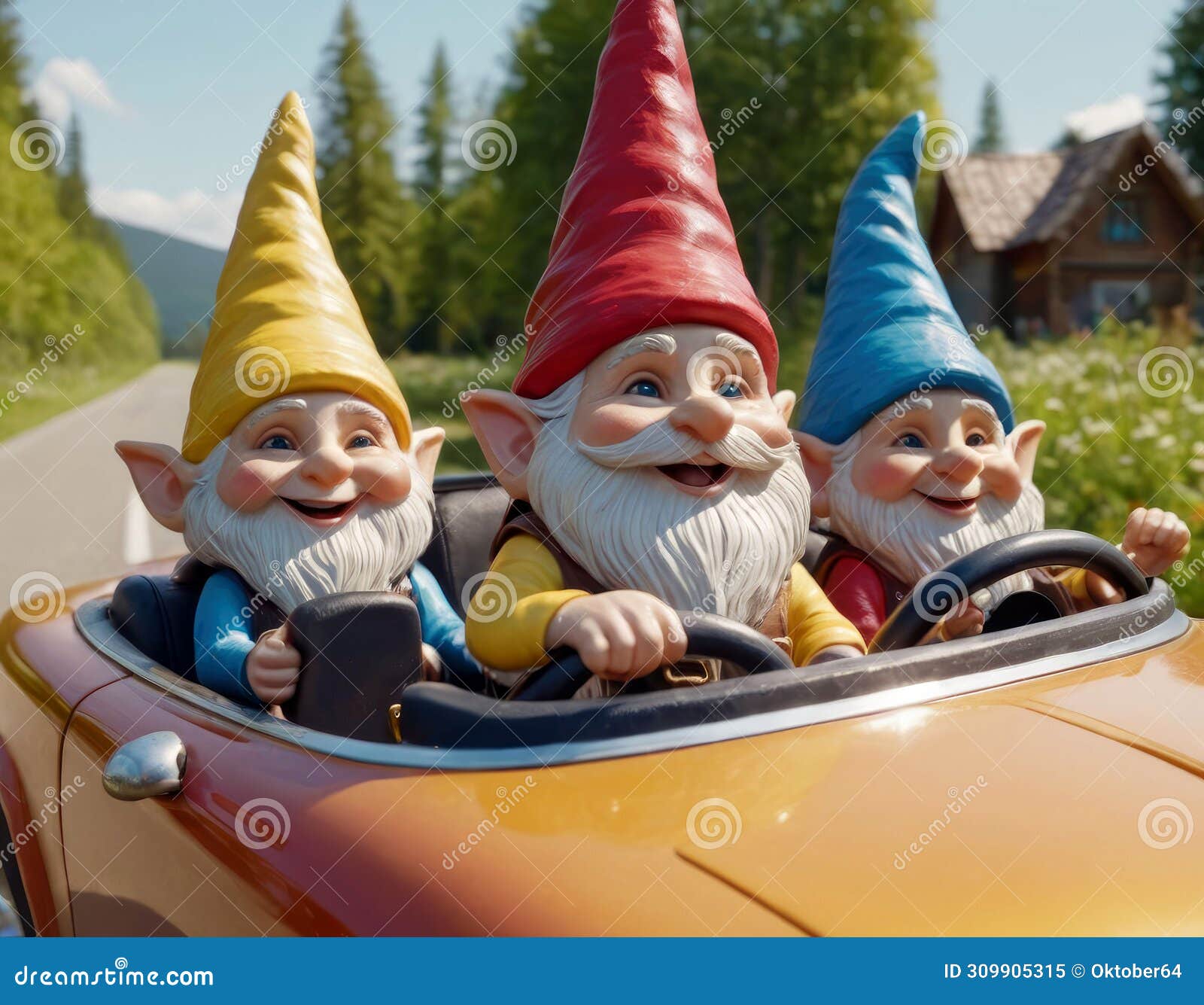 Cheerful Gnomes are Riding in a Convertible. Stock Image - Image of ...