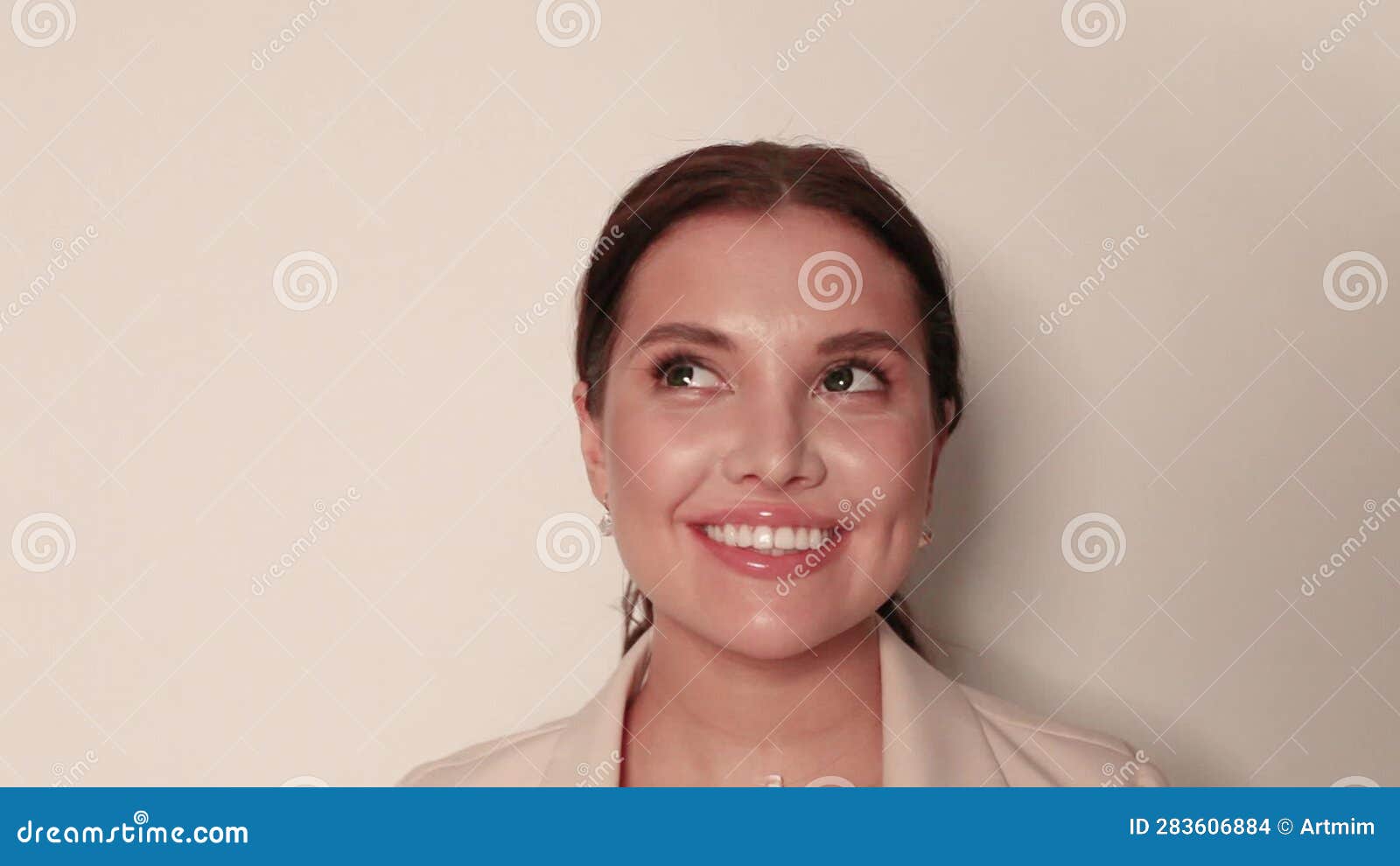 Cheerful Good Looking Young Woman with Nice Makeup Smiles at Camera ...