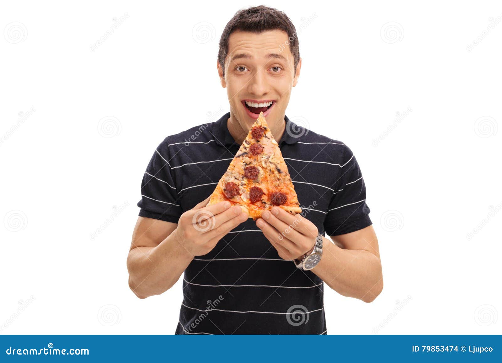 Cheerful Guy Eating A Pizza Slice Stock Photo - Image of bite, food ...