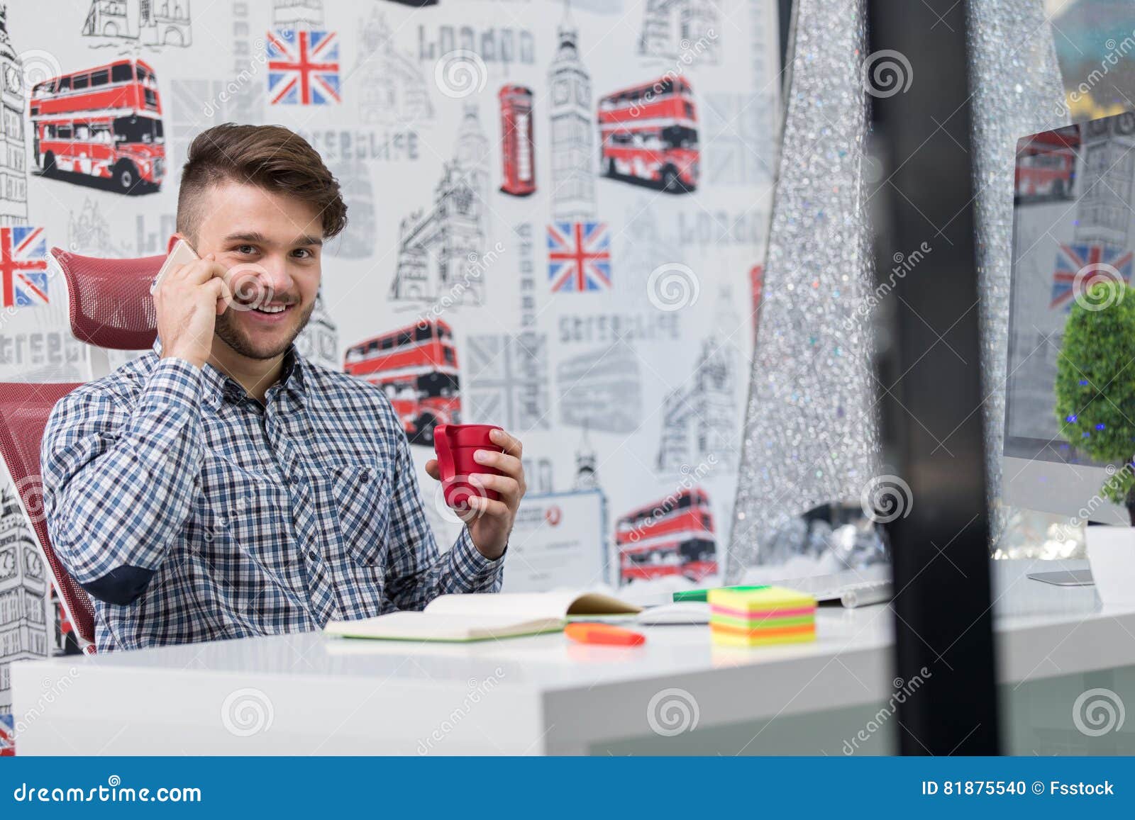 Cheerful Guy Sitting in Front of Desktop Computer Stock Photo - Image ...