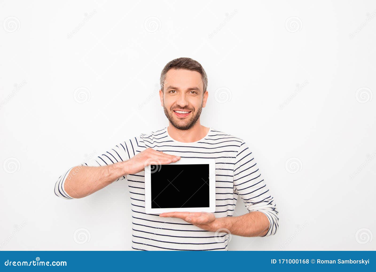 Cheerful Handsome Guy Demonstrating Black Screen of Tablet Stock Photo ...