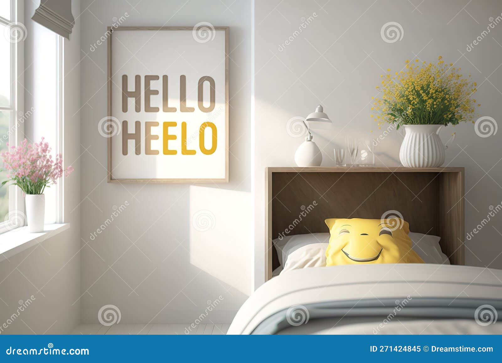 Cheerful Hello Sign in Clean and Bright Bedroom Stock Illustration ...
