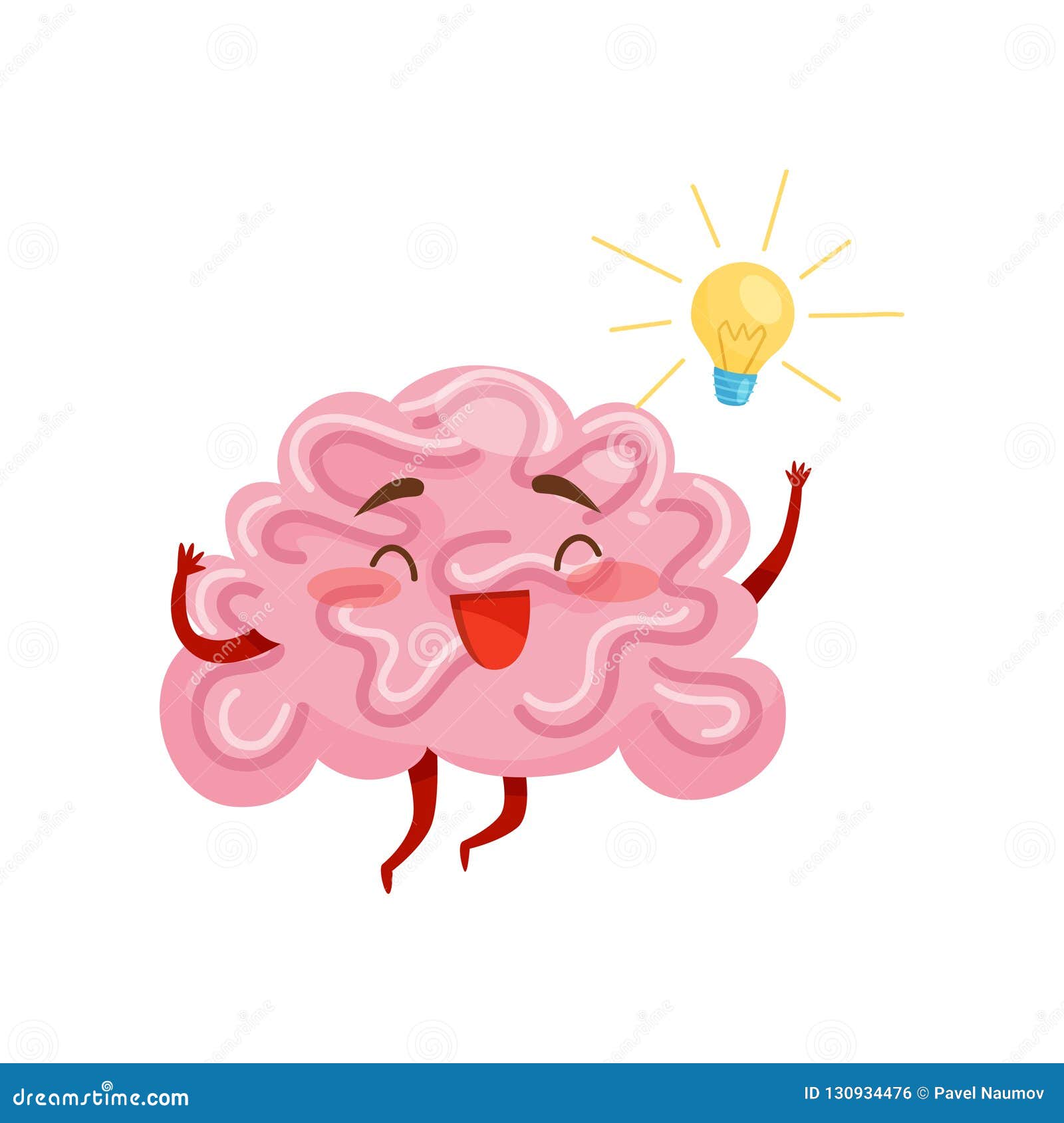 Cheerful Humanized Brain with Great Idea, Yellow Light Bulb. Cartoon ...