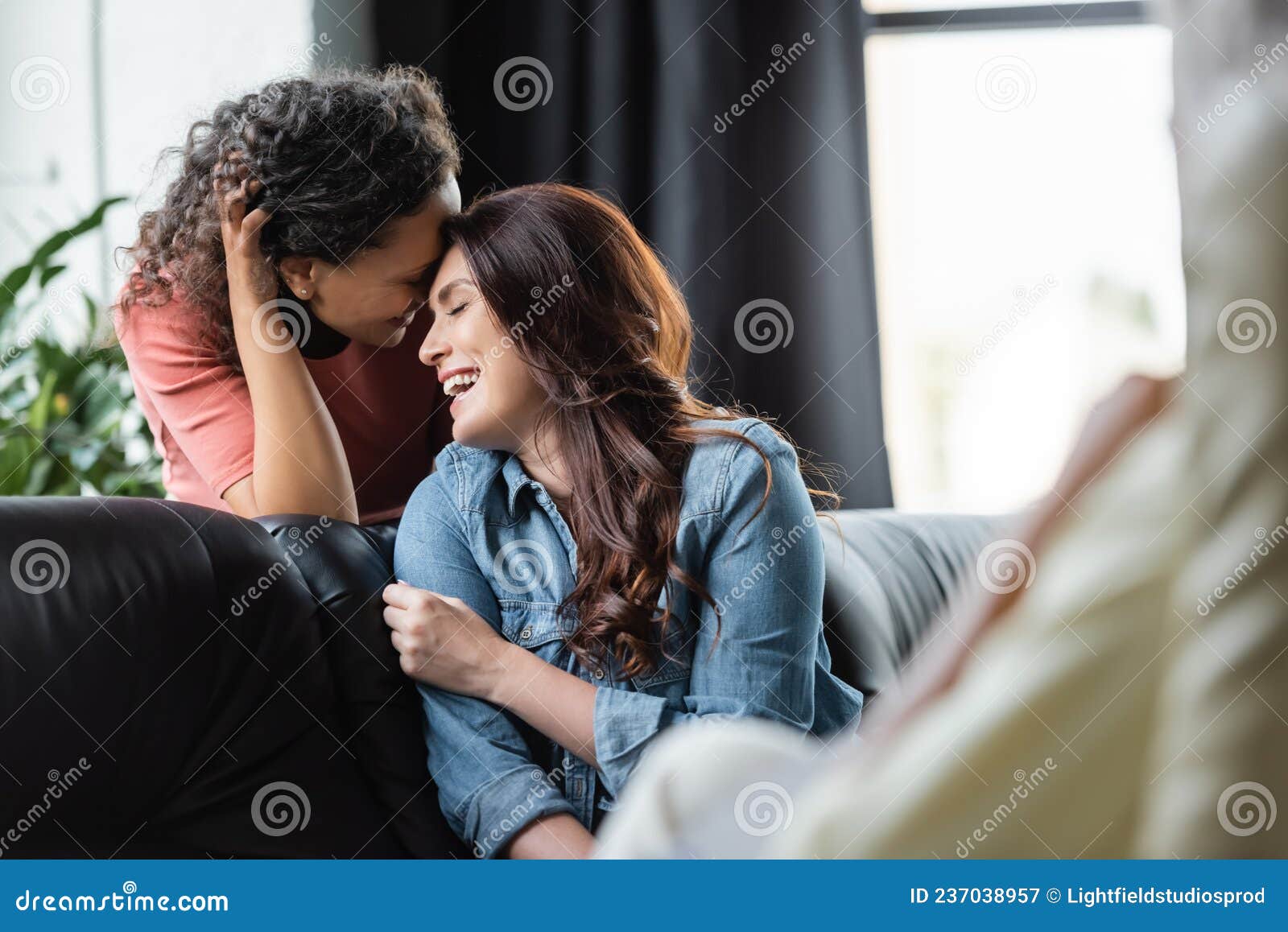 Cheerful Interracial Lesbians Laughing With Closed Stock Image Image