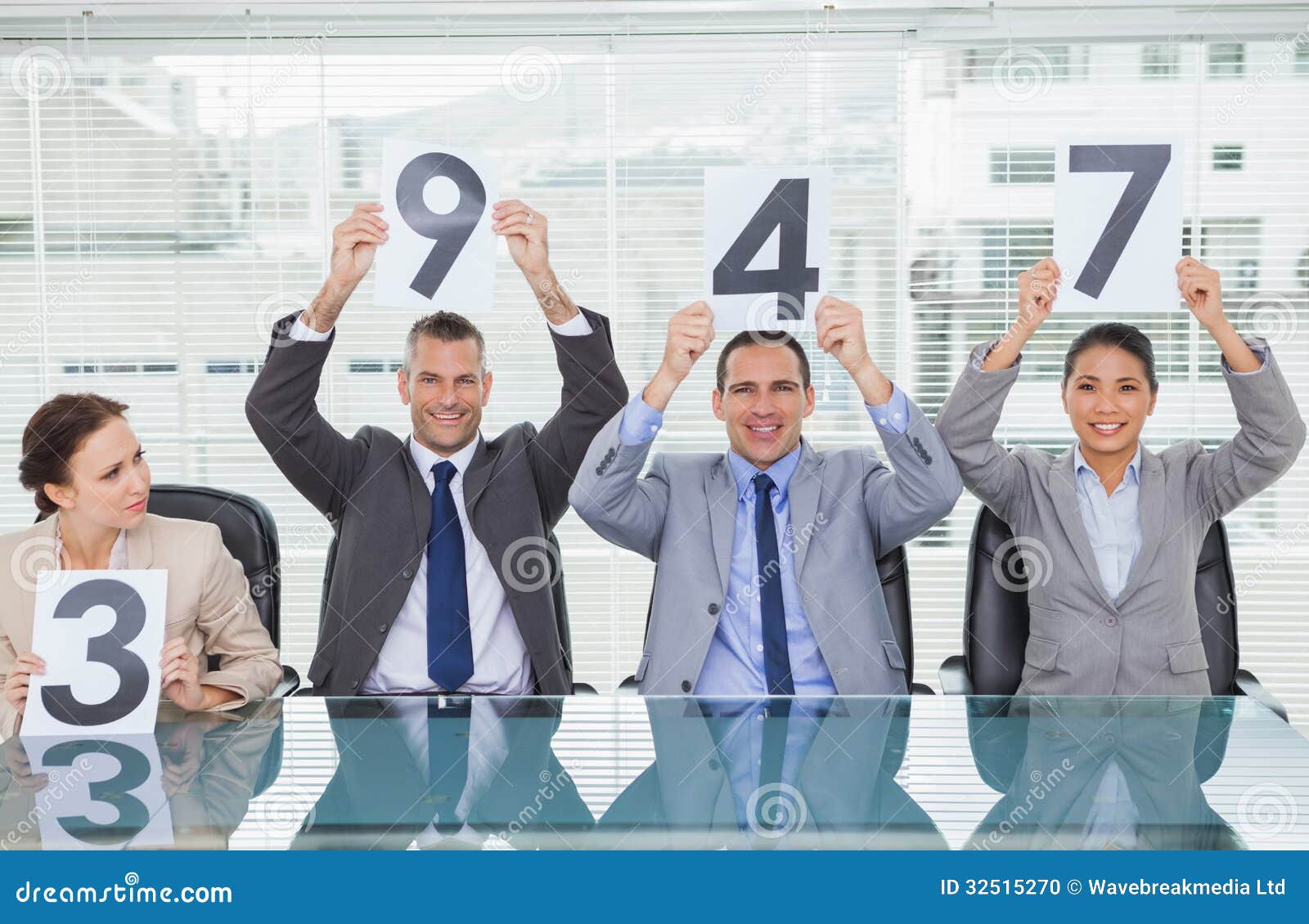 Cheerful Interview Panel Holding Signs Giving Marks Stock Photo - Image ...