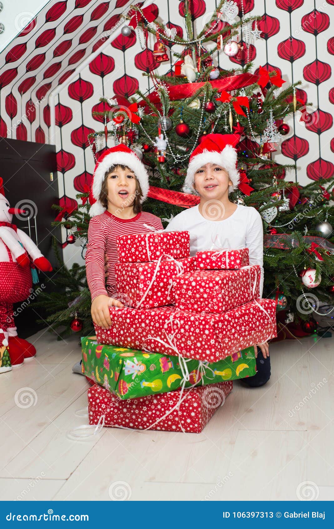 Cheerful Kids with Many Presents Stock Image - Image of family, front ...