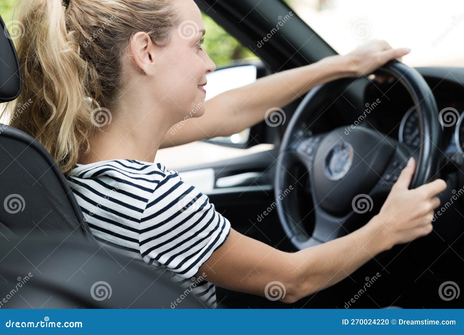 Cheerful lady driving car stock photo. Image of lady - 270024220