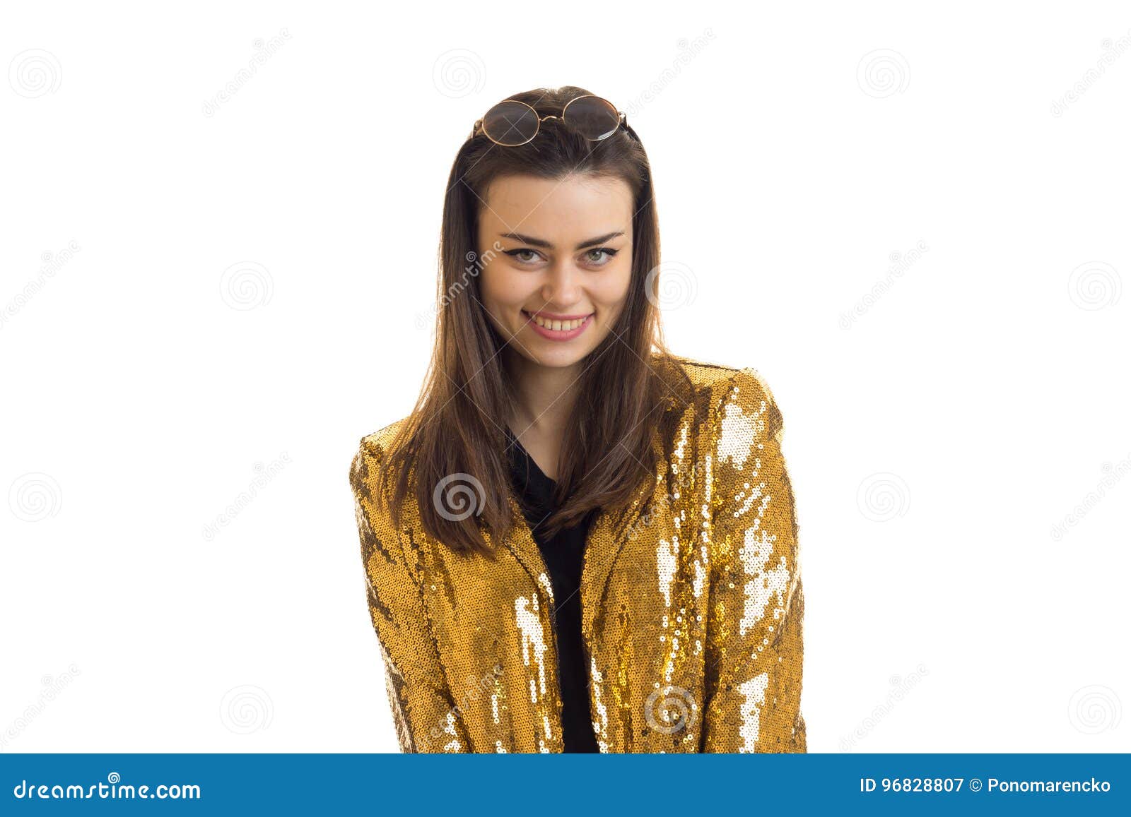 Cheerful Lady in Golden Jacket Posing on Camera Stock Image - Image of ...