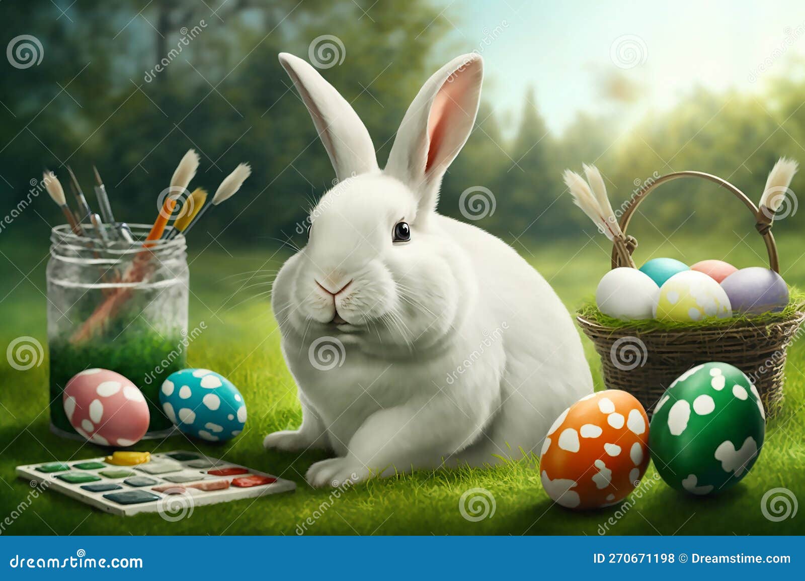 Cheerful Laughing White Rabbit Paints Easter Eggs on a Green Lawn ...