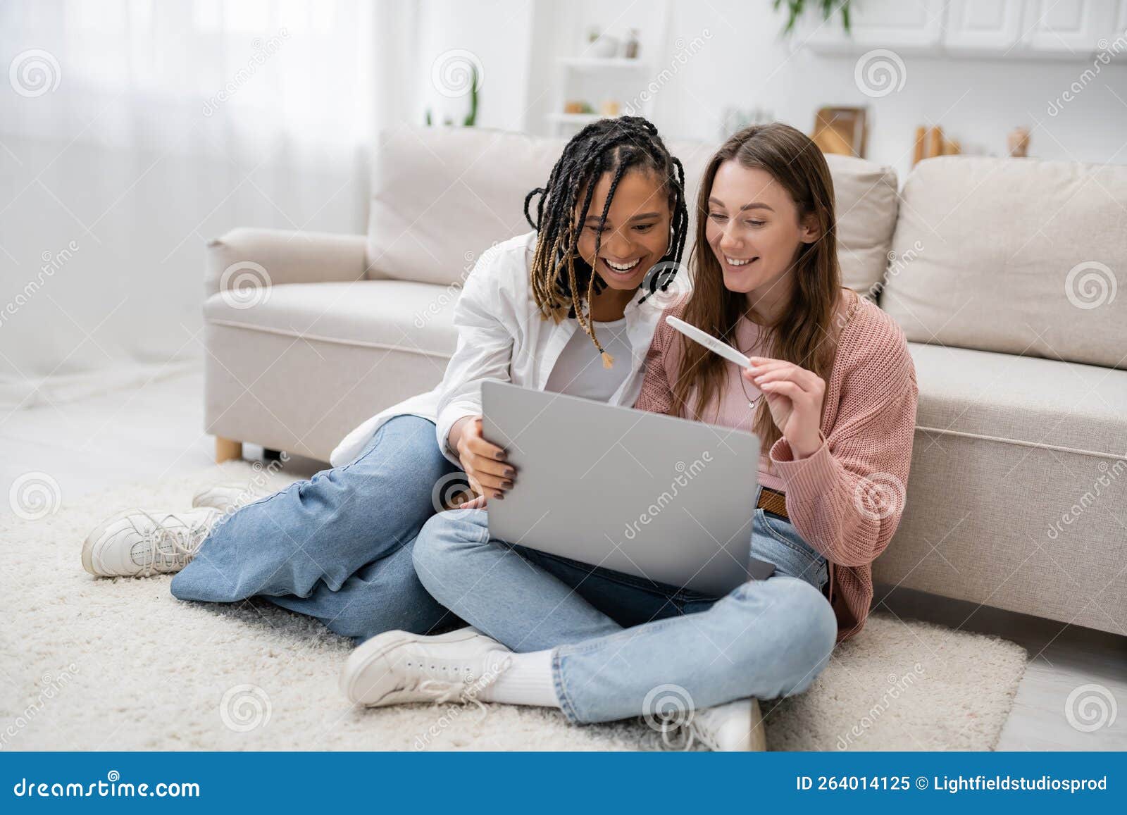Cheerful Lesbian Woman Showing Pregnancy Test Stock Image Image Of Multiethnic Brunette 4577