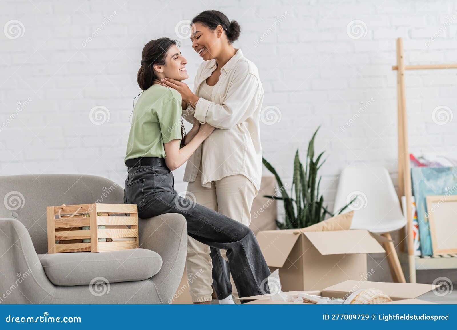Cheerful Lesbian Woman Hugging Joyful Multiracial Stock Image Image