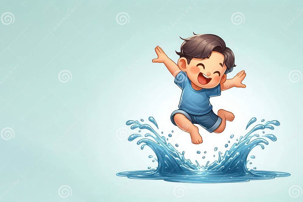 A Cheerful, Little Boy Jumping in a Puddle. Space for Text. Stock ...