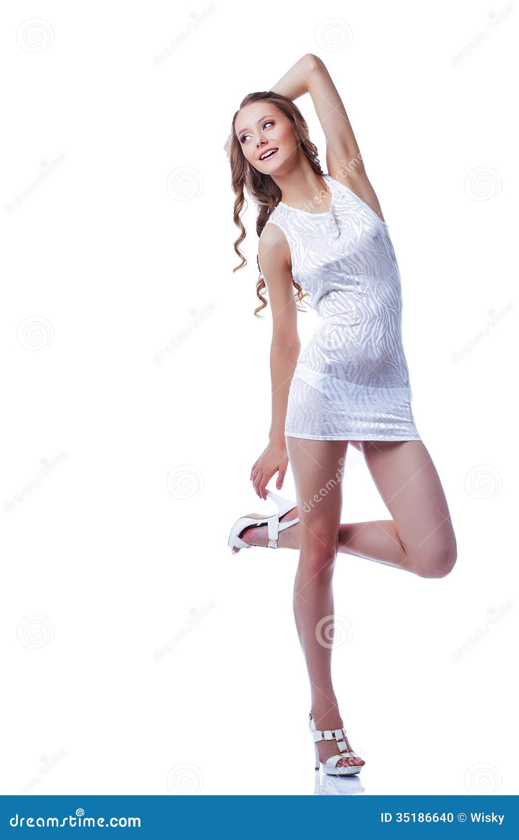 Cheerful Long-haired Model Posing in Short Dress Stock Photo - Image of ...