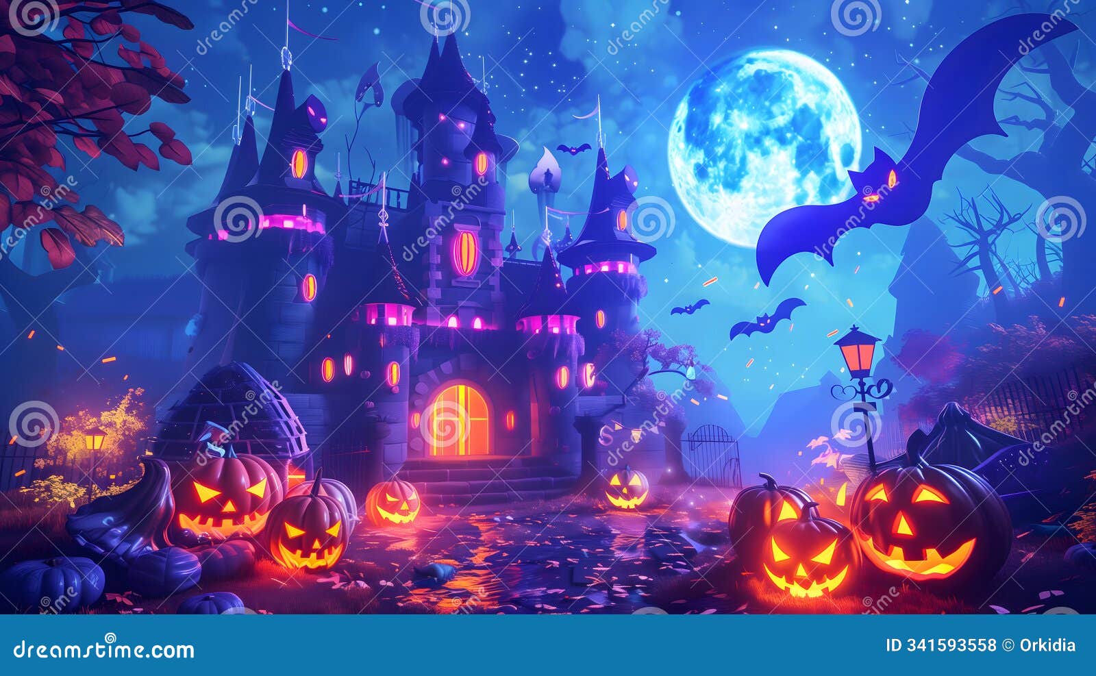 Cheerful Magical Halloween Castle with Lanterns Stock Illustration ...