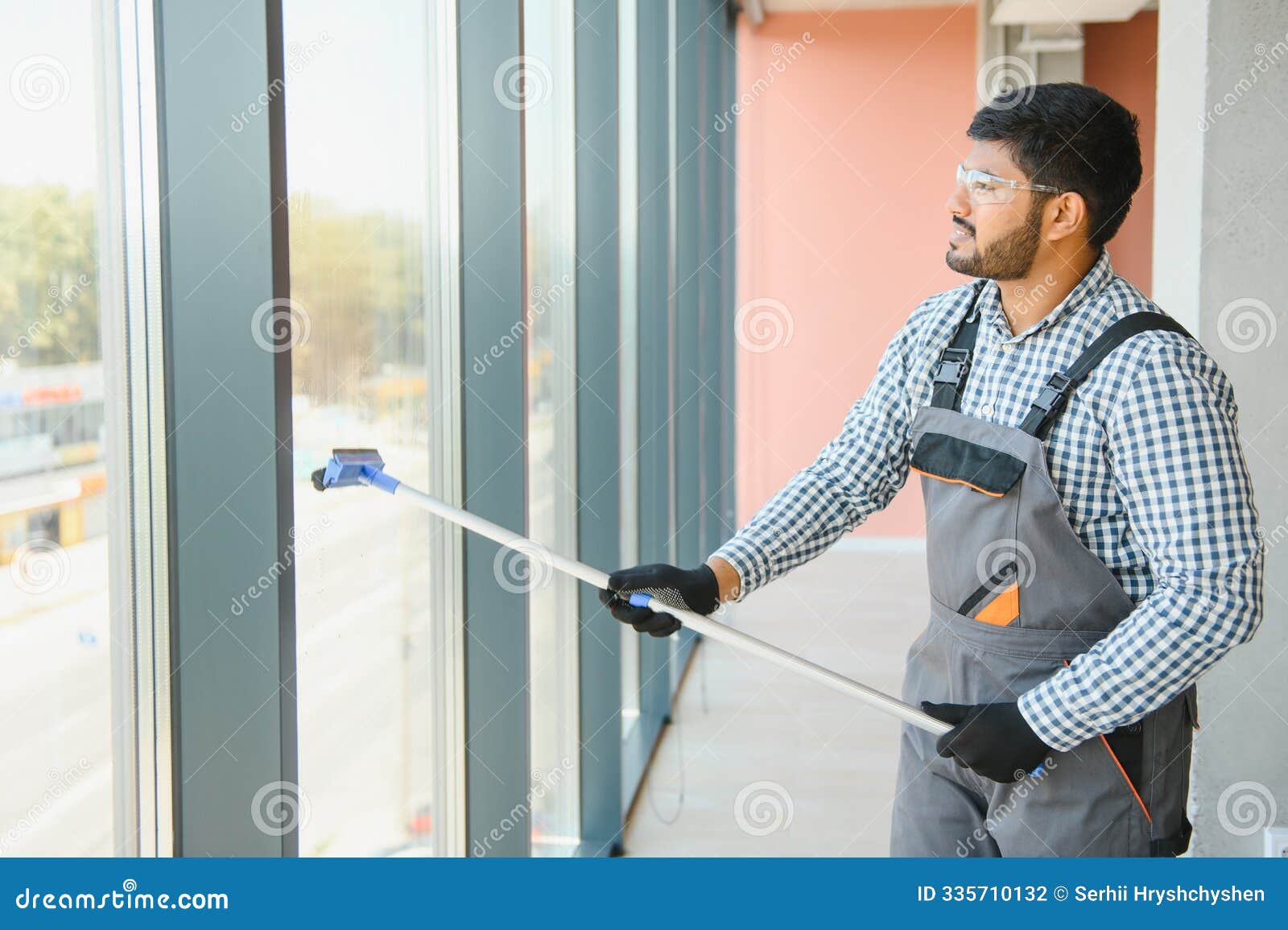 Cheerful Male Person Cleaning Window Stock Photo - Image of business ...