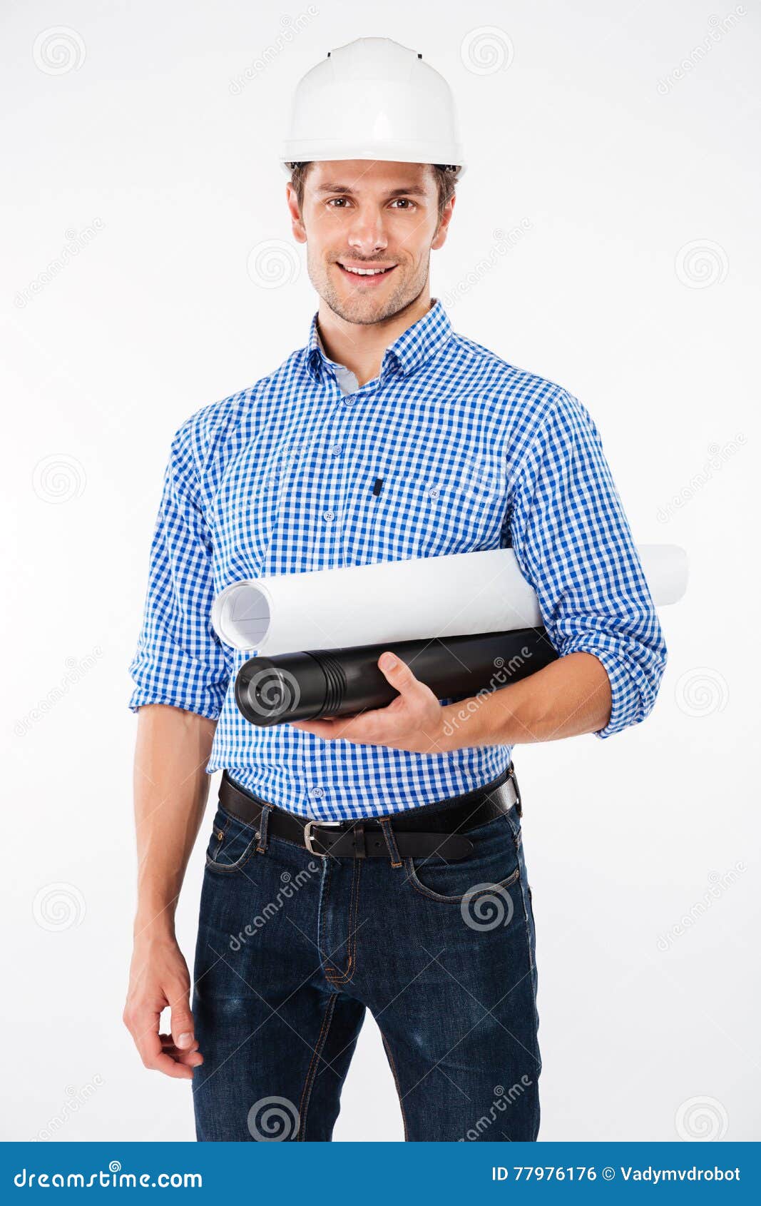 Cheerful Man Architect in Hard Hat Standing and Holding Blueprint Stock ...