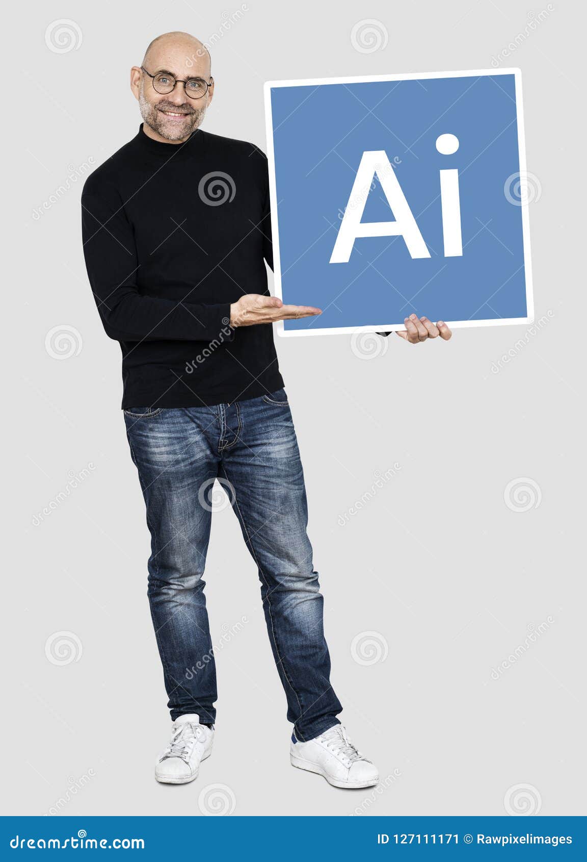 A Cheerful Man Holding an Artificial Intelligence Icon Stock Image ...