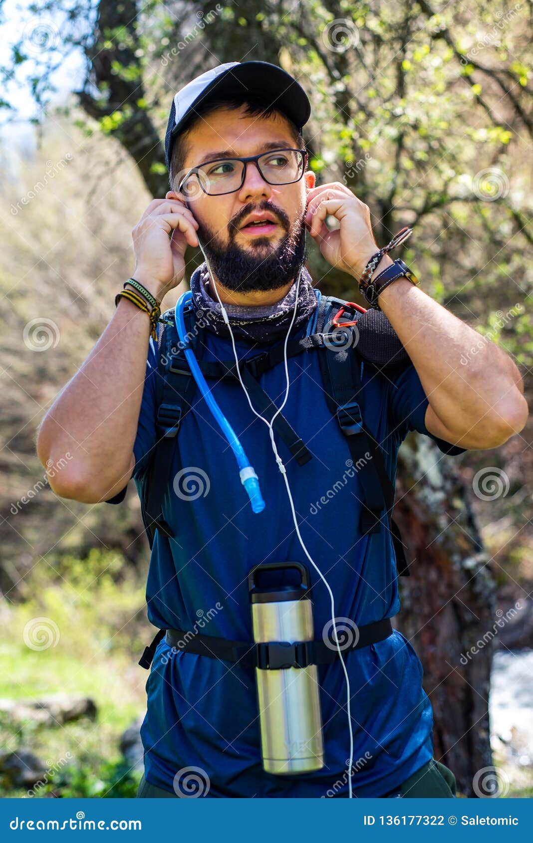 Cheerful Man Listening Music on a Hiking Trip Stock Photo - Image of ... Cheerful Man Listening Music on a Hiking Trip Stock Photo - Image of ...
