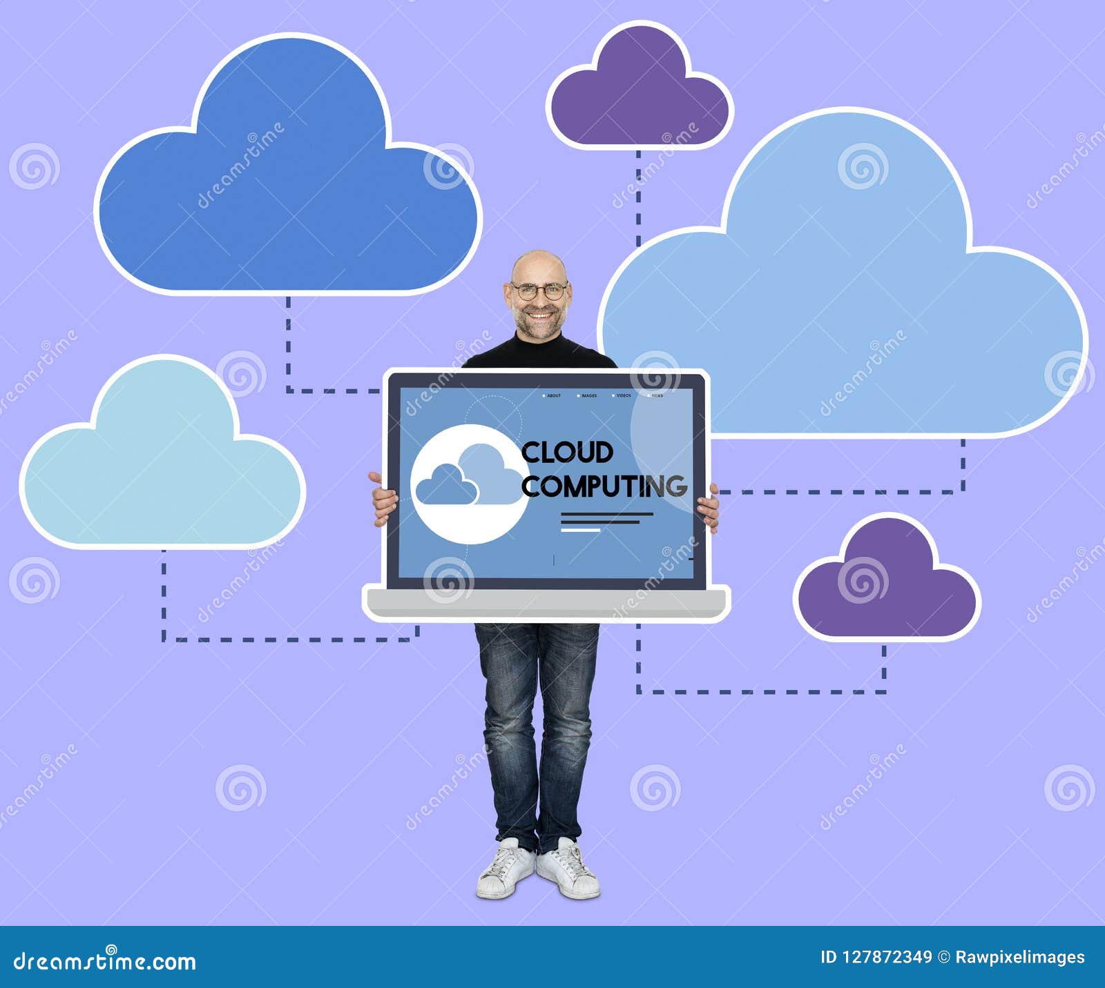 Cheerful Man Presenting Cloud Computing System on a Laptop Stock Image ...