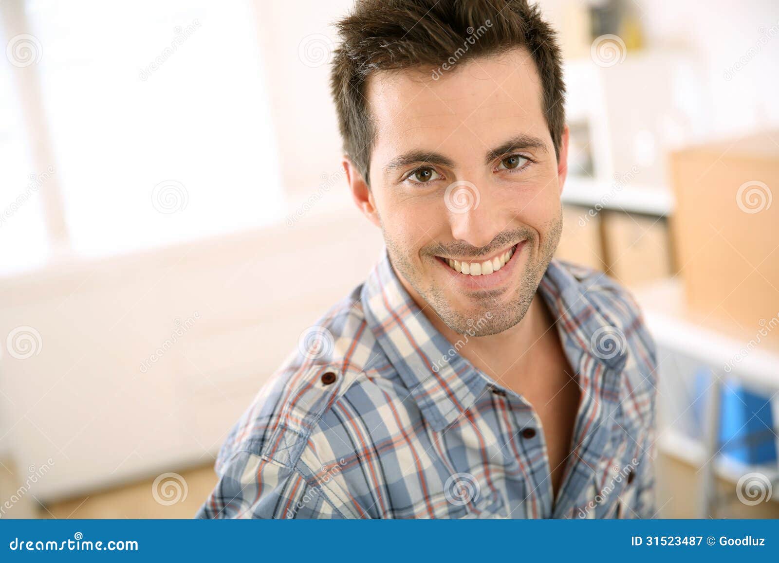 Cheerful Man Standing at Home Stock Image - Image of looking, sitting ...