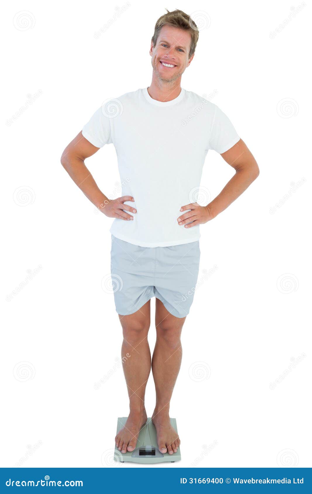 Cheerful Man Standing on a Weighing Scale Stock Photo - Image of ...