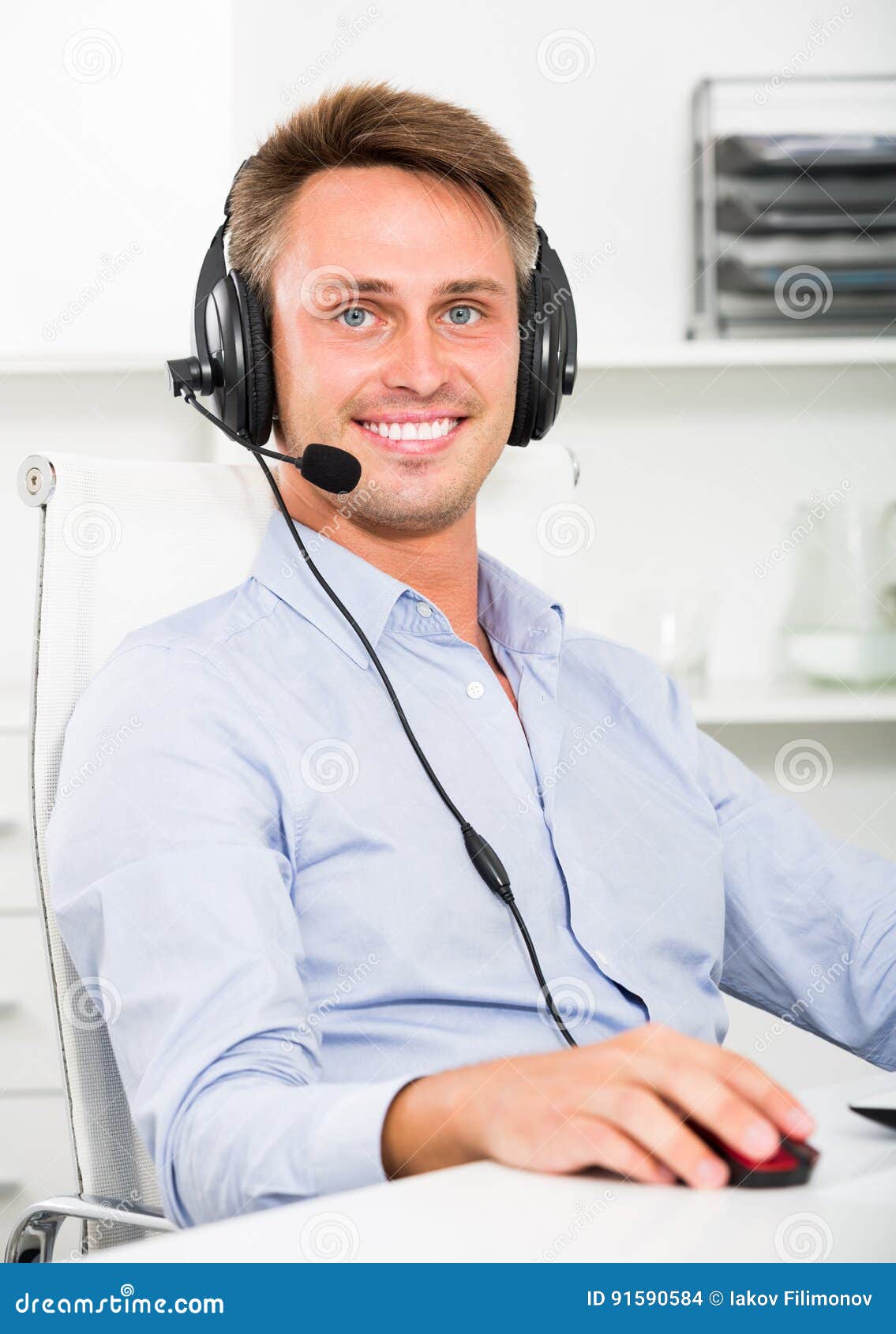 Cheerful Man Talking on Headset at Office Stock Photo - Image of ...