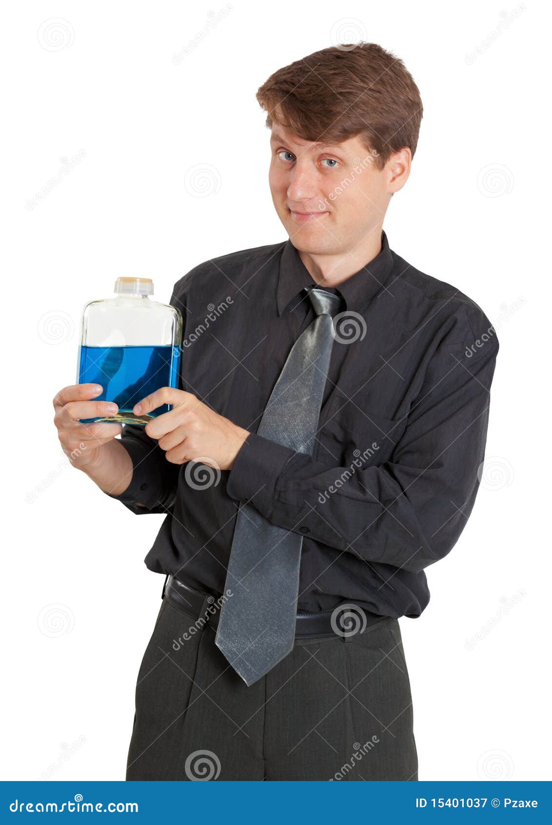 Cheerful Man with Vial of a Blue Liquid Stock Image - Image of gladness ...