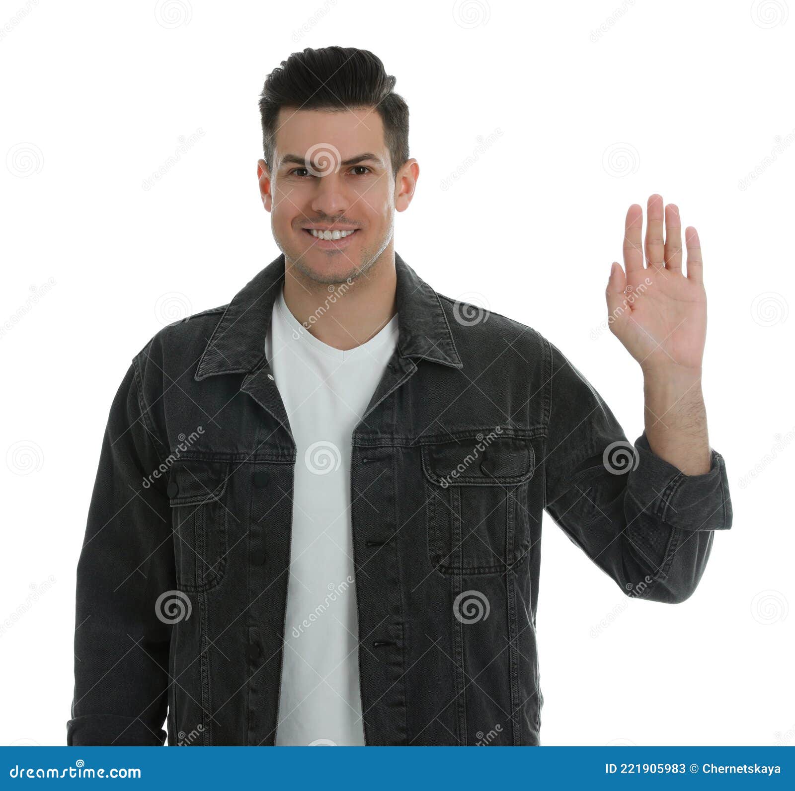 Cheerful Man Waving To Say Hello on White Stock Image - Image of ...