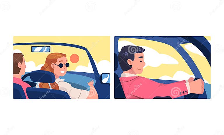 Cheerful Man And Woman Driving Car Auto Drivers Sitting Inside Car