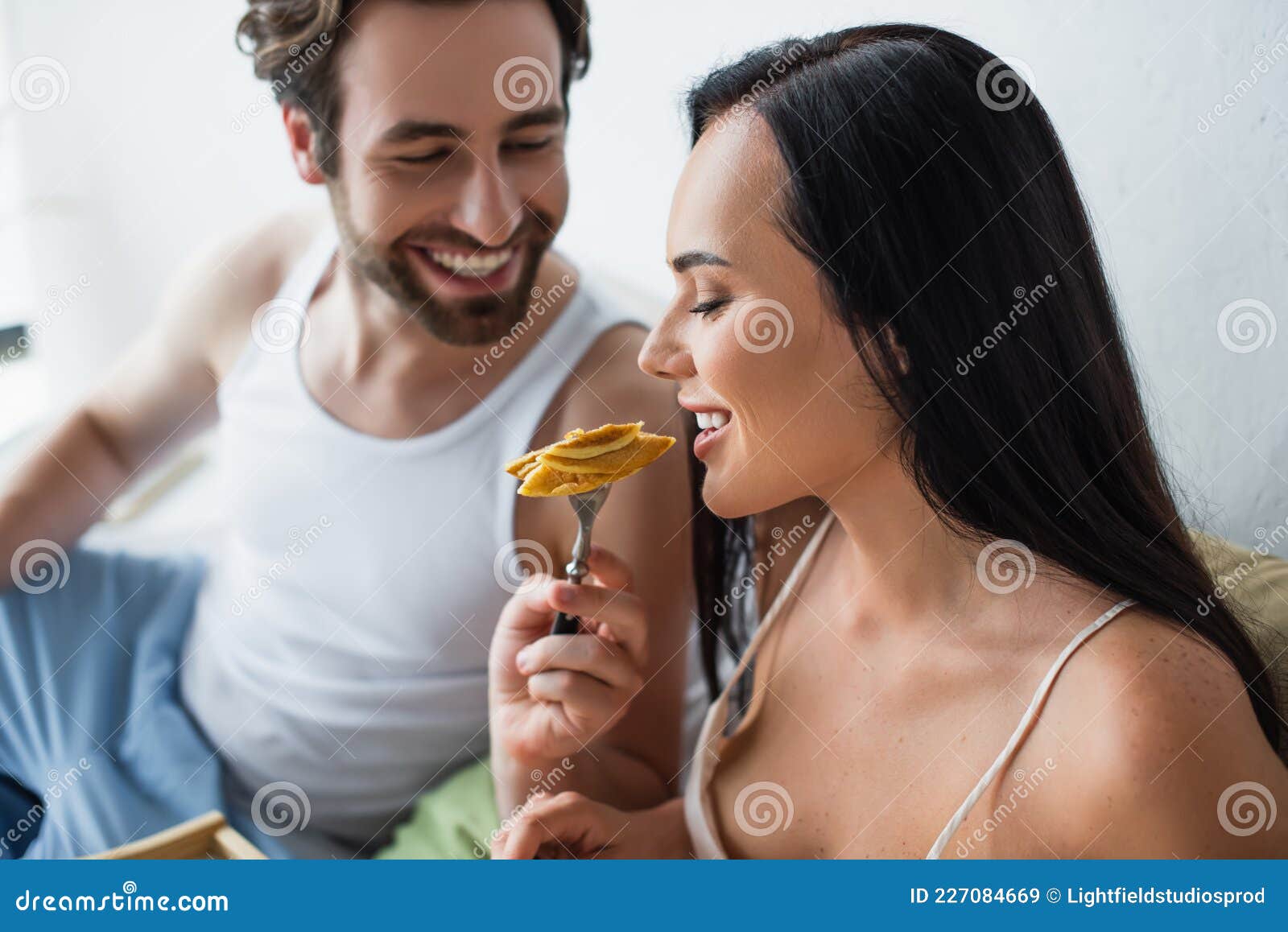Cheerful Man Feeding Girlfriend With Tasty Stock Image Image Of