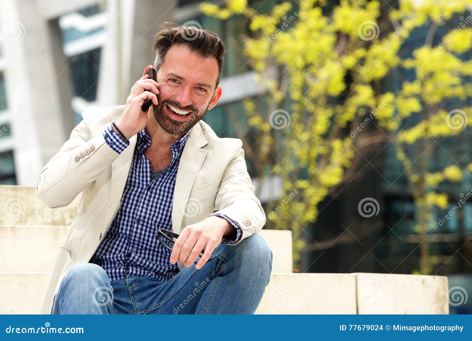 Cheerful Middle Aged Man Talking on Mobile Phone Stock Photo - Image of ...