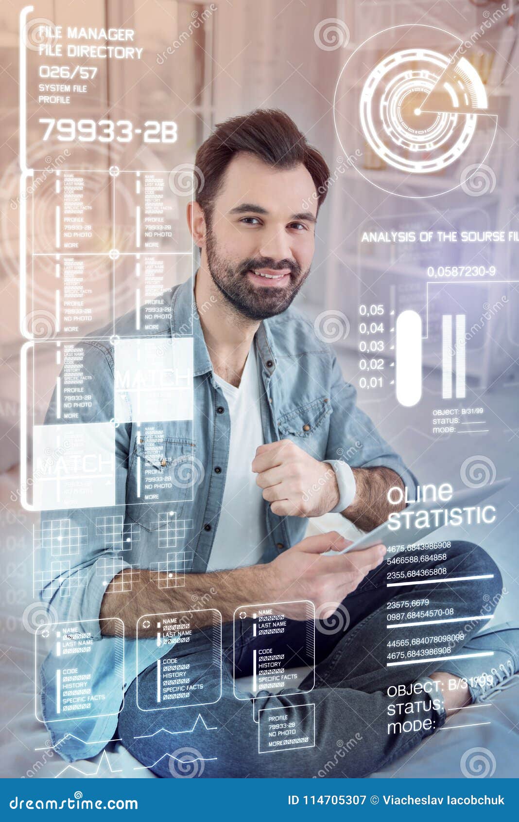 Cheerful Mobile Developer Smiling while Using Amazing Gadgets Stock ...