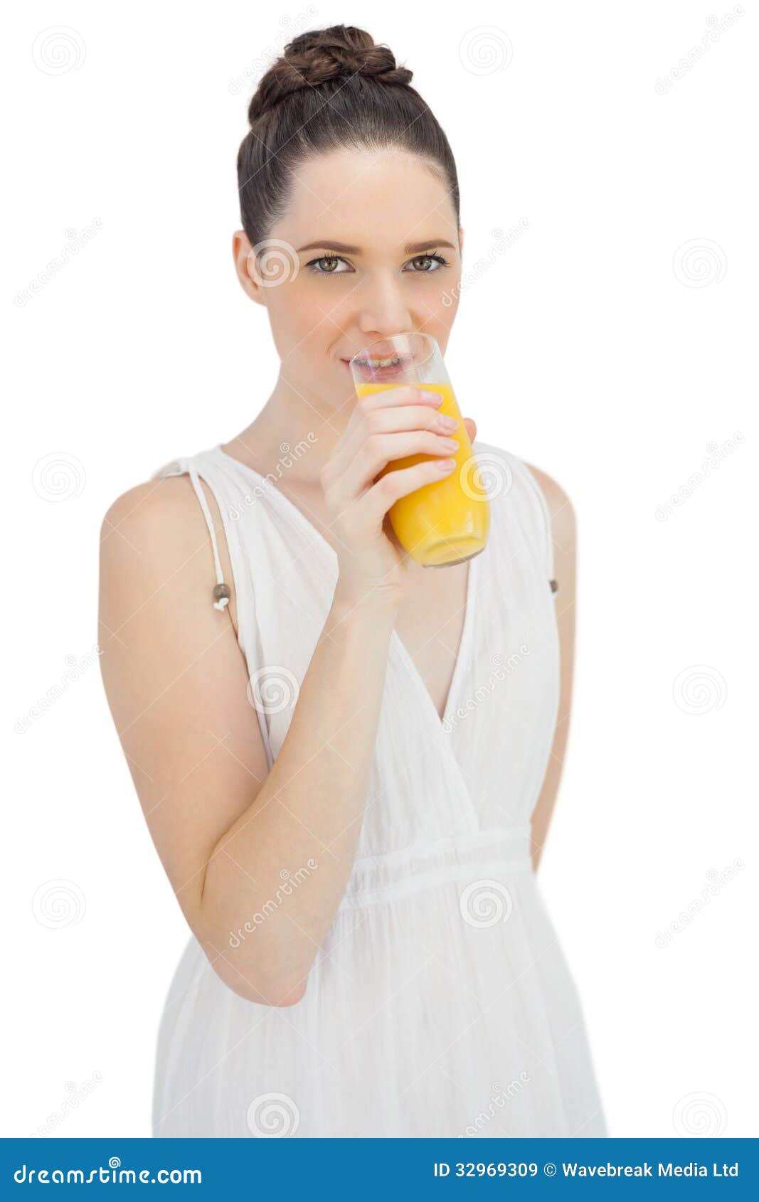 Cheerful Model in White Dress Drinking Orange Juice Stock Image - Image ...