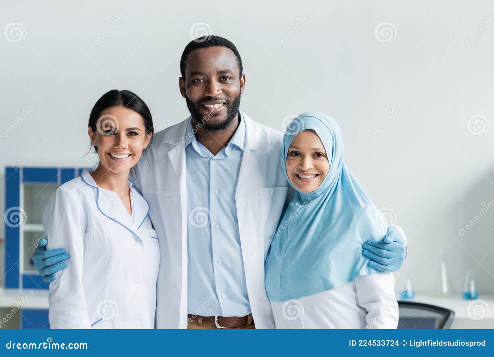 Cheerful Multicultural Scientists Hugging in Laboratory. Stock Photo ...