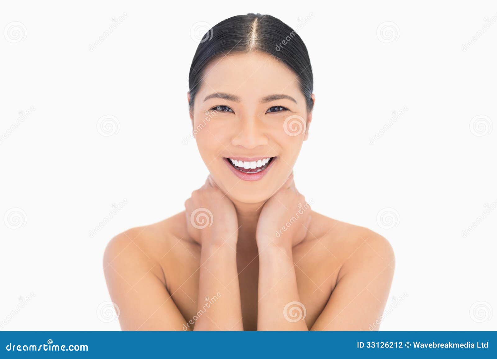 Cheerful Natural Model Posing Touching Her Neck Stock Photo - Image of ...