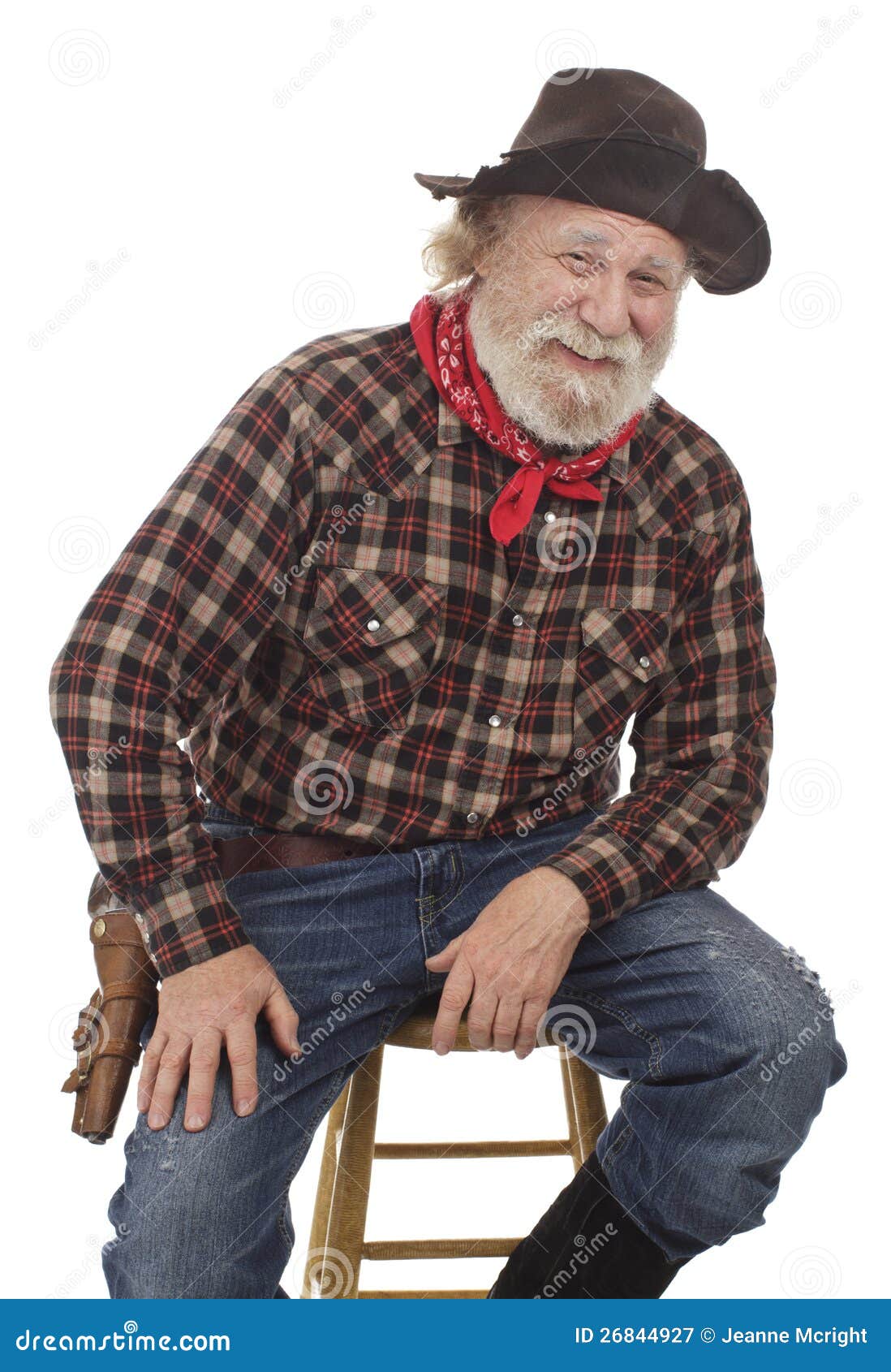 Cheerful Old Cowboy Sits on a Stool Stock Image - Image of bandana ...
