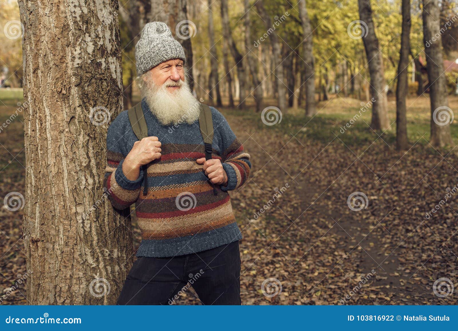 Old Man with Beard in Forest Stock Photo - Image of mature, hiker ...