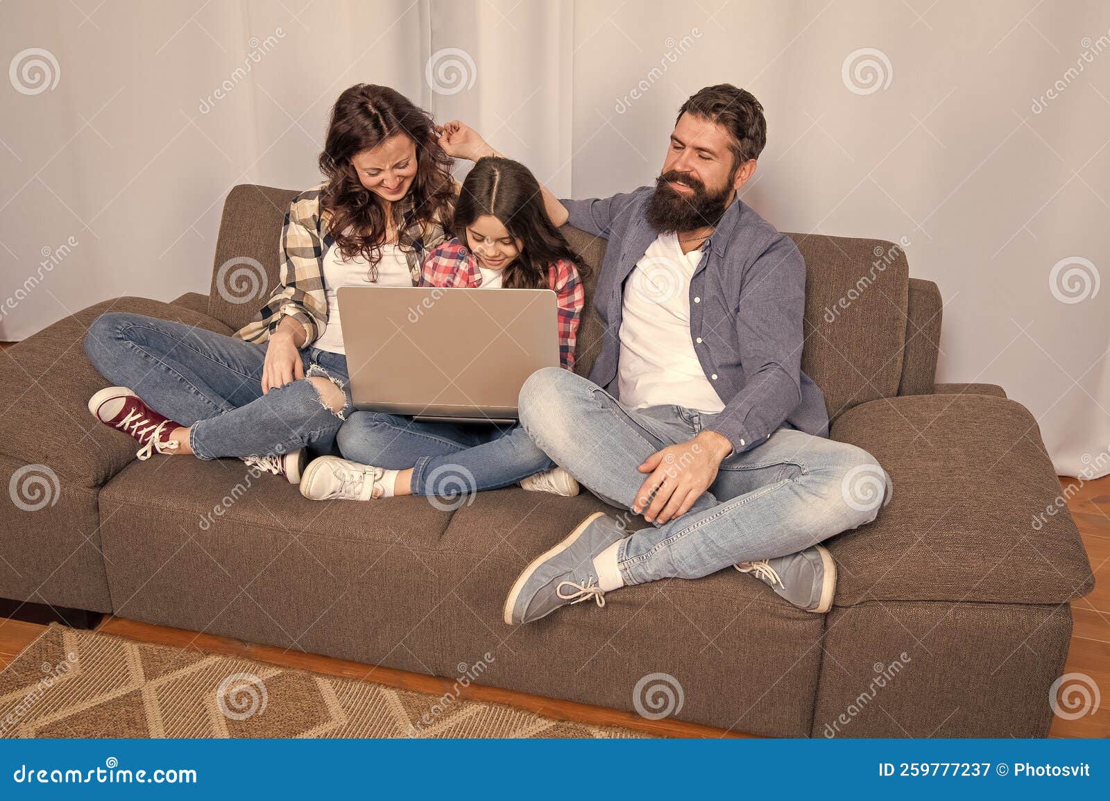 Cheerful Parents with Kid Use Pc at Home, Education Stock Image - Image ...