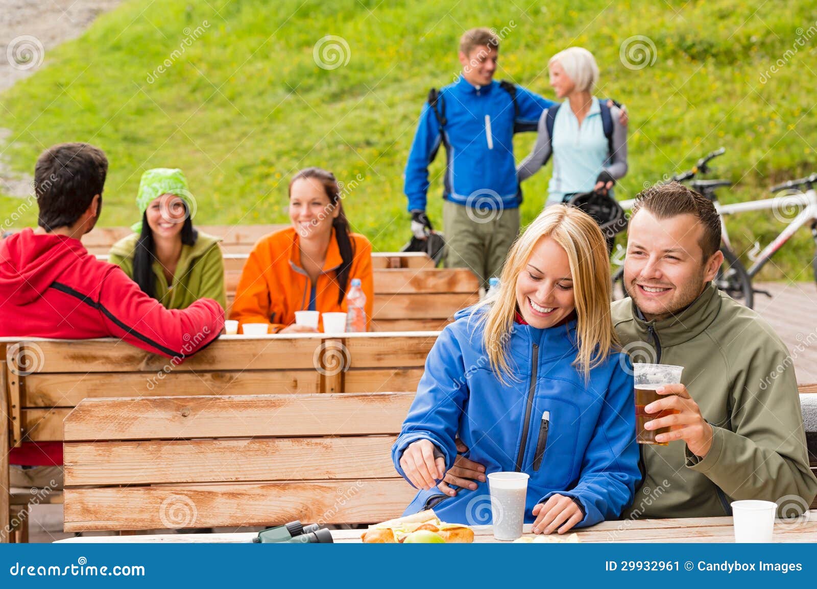 Friends Having Fun Rest Area Drinking Refreshments Stock Image - Image ...