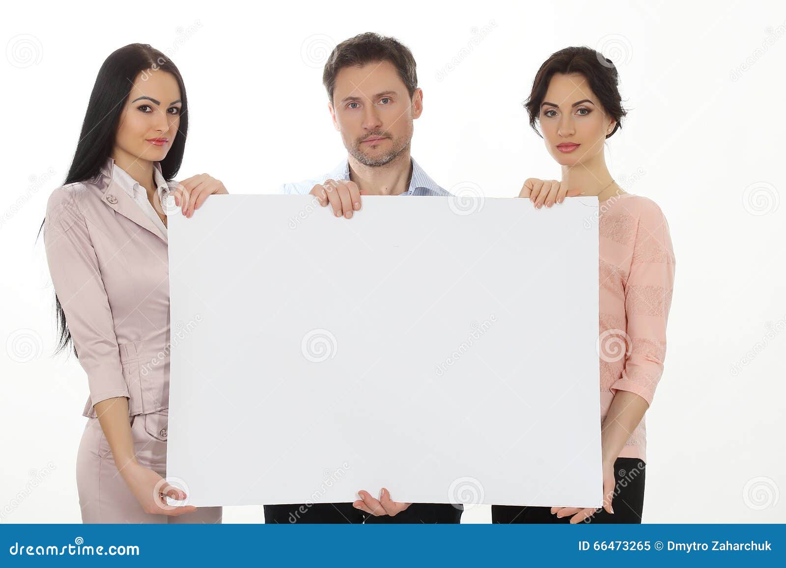 Cheerful People Holding Copy Space and Smiling at Camera while Isolated ...