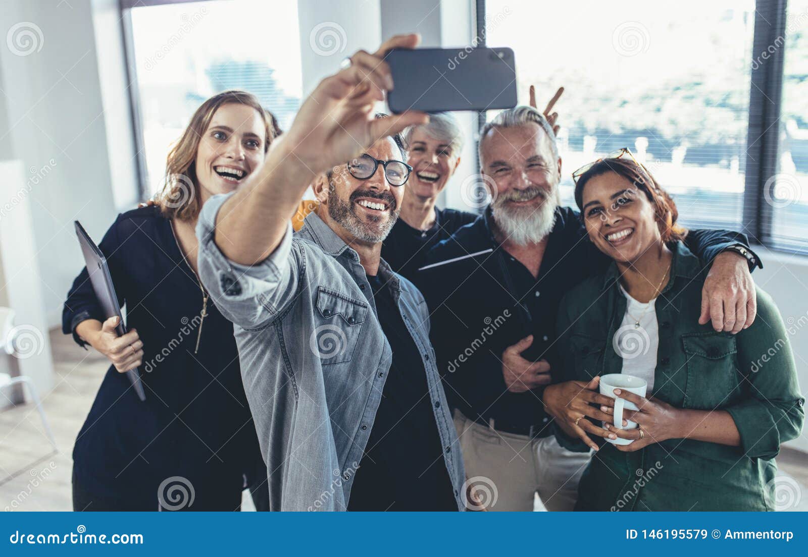 Cheerful People In The Office Taking Selfie Stock Image Image Of