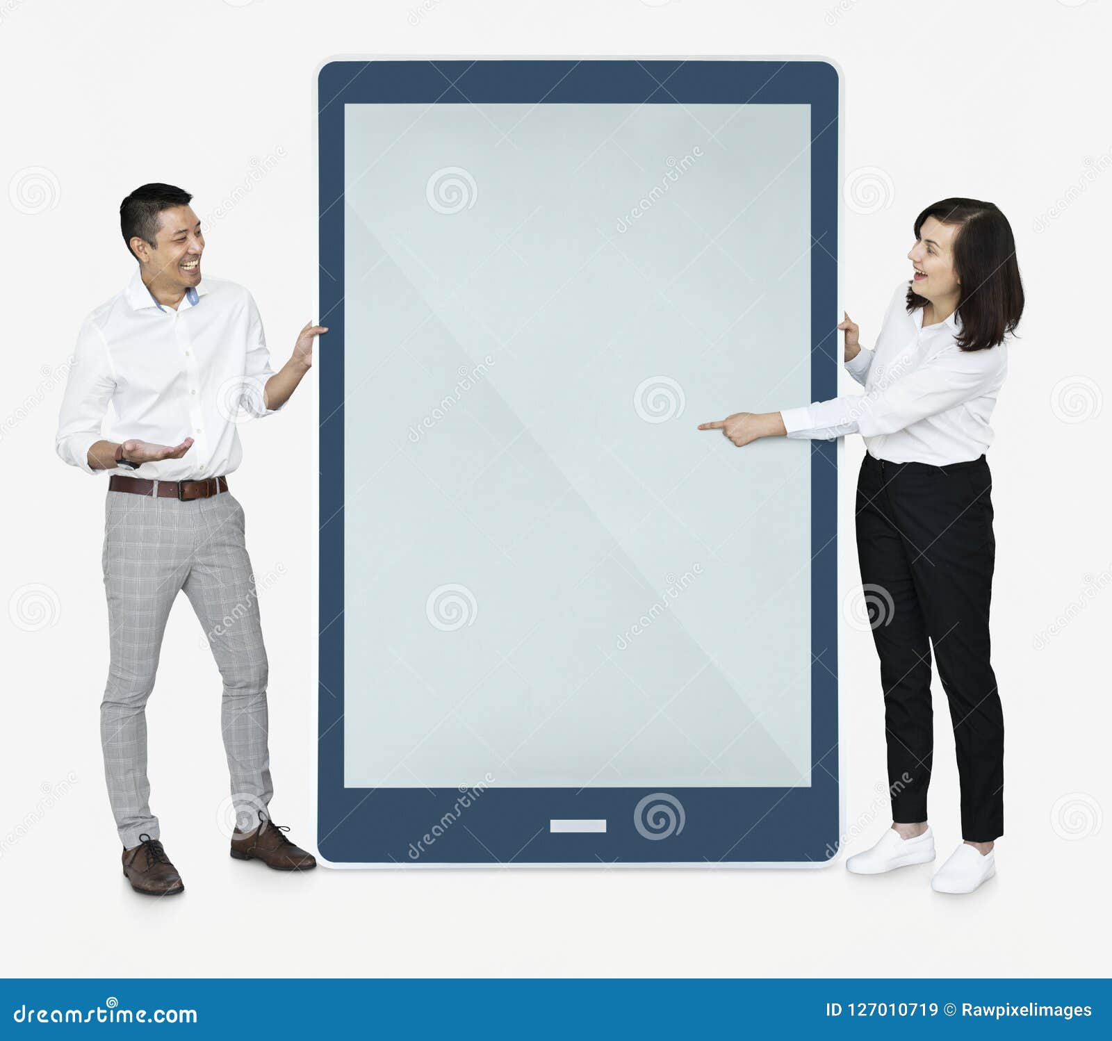 Cheerful People Pointing at a Tablet Screen Stock Image - Image of ...