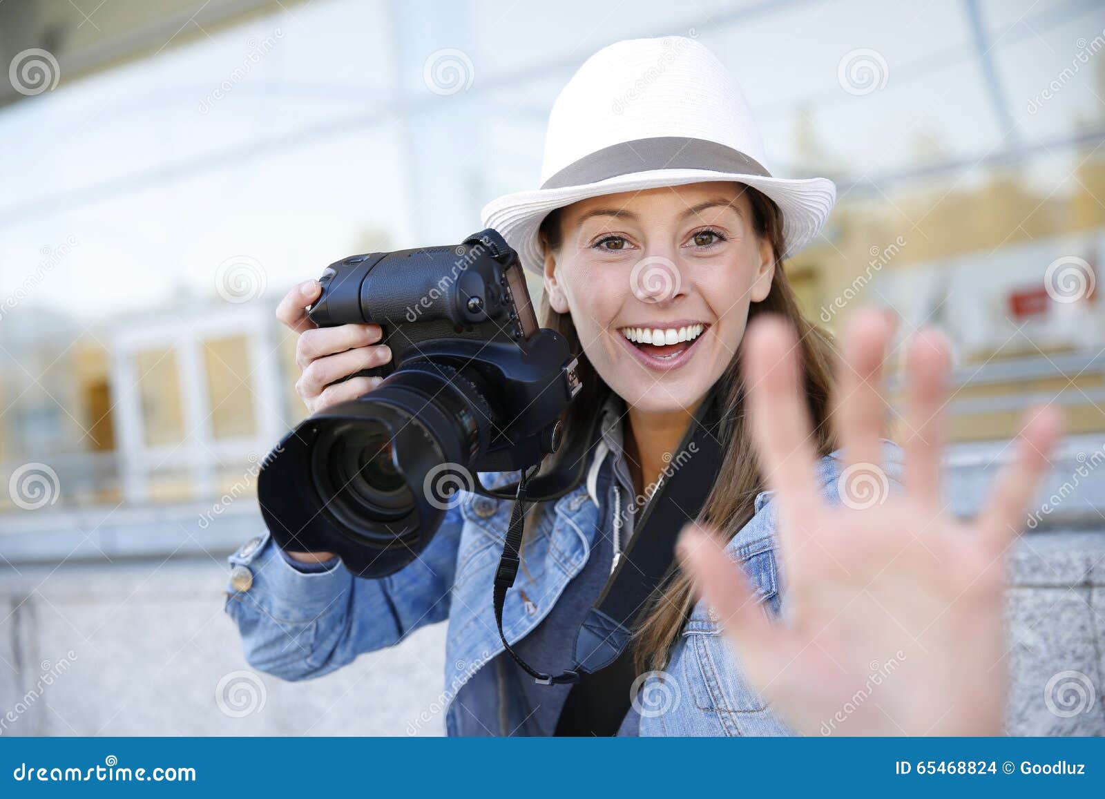 Cheerful Photographer with Reflex Camera Stock Photo - Image of ...