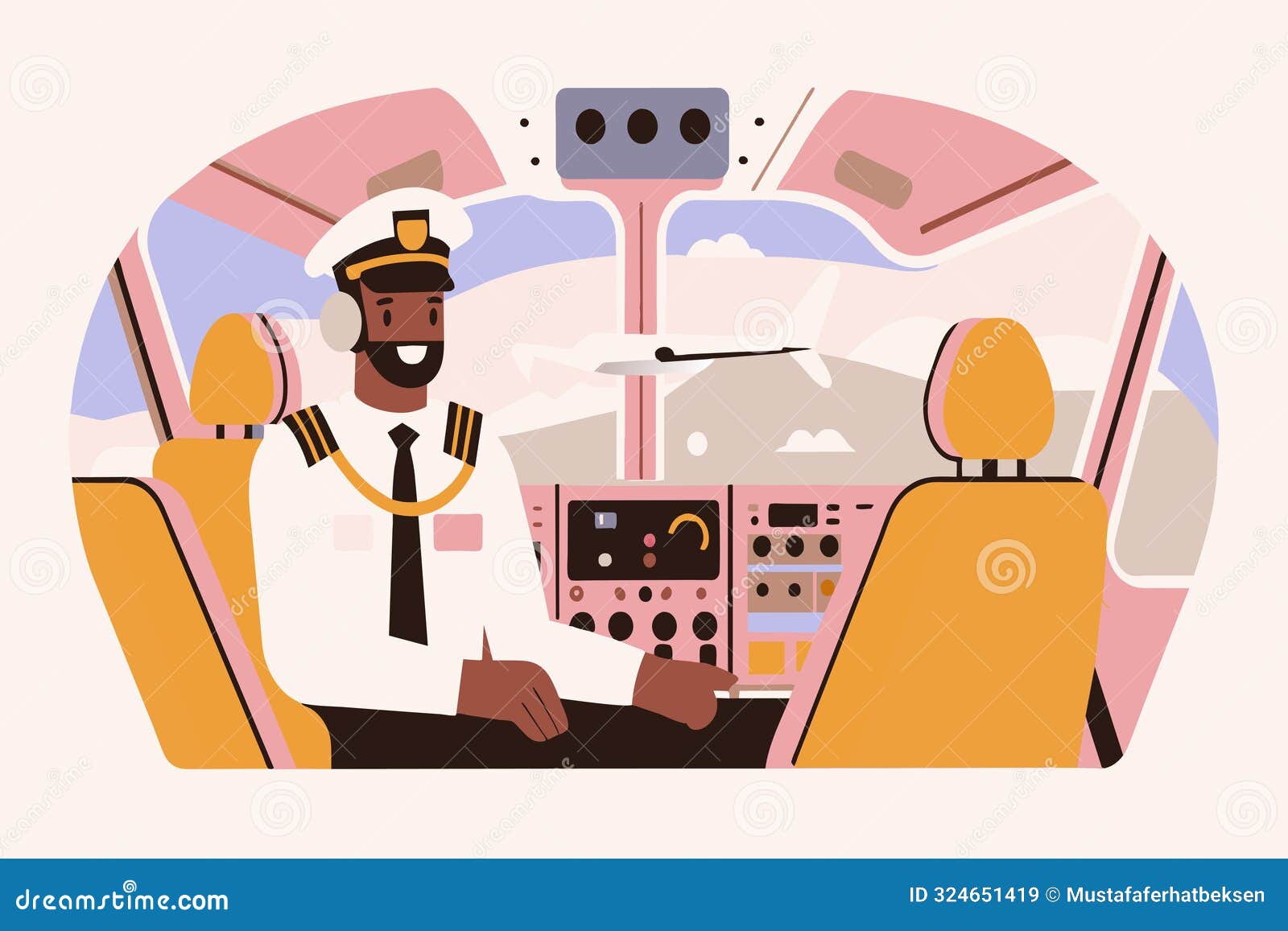 Cheerful Pilot Operating Controls in the Cockpit Stock Illustration ...